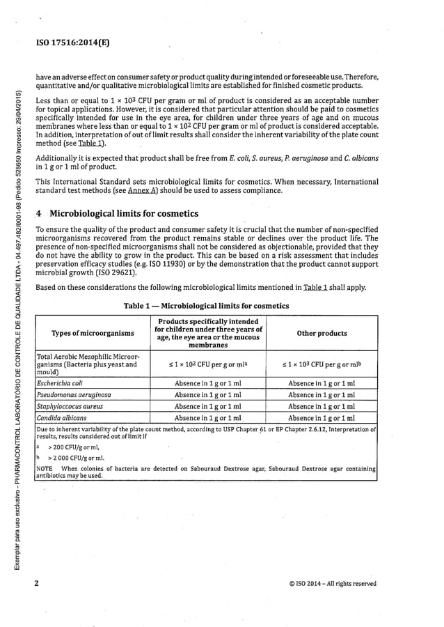 Iso 17516 2014 cosmetics - microbiological limits | PDF | Skin and ...