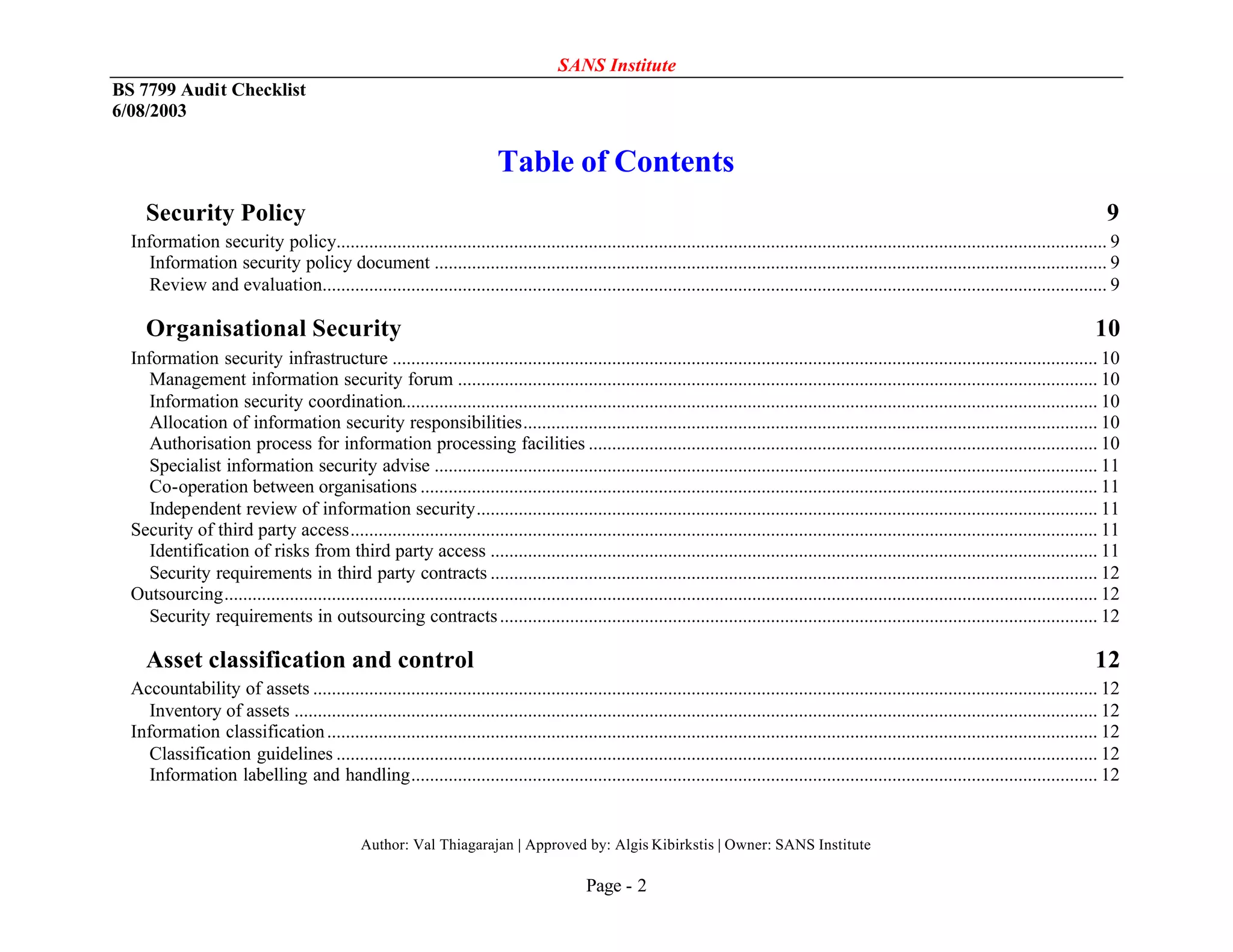 Iso 17799 checklist | PDF