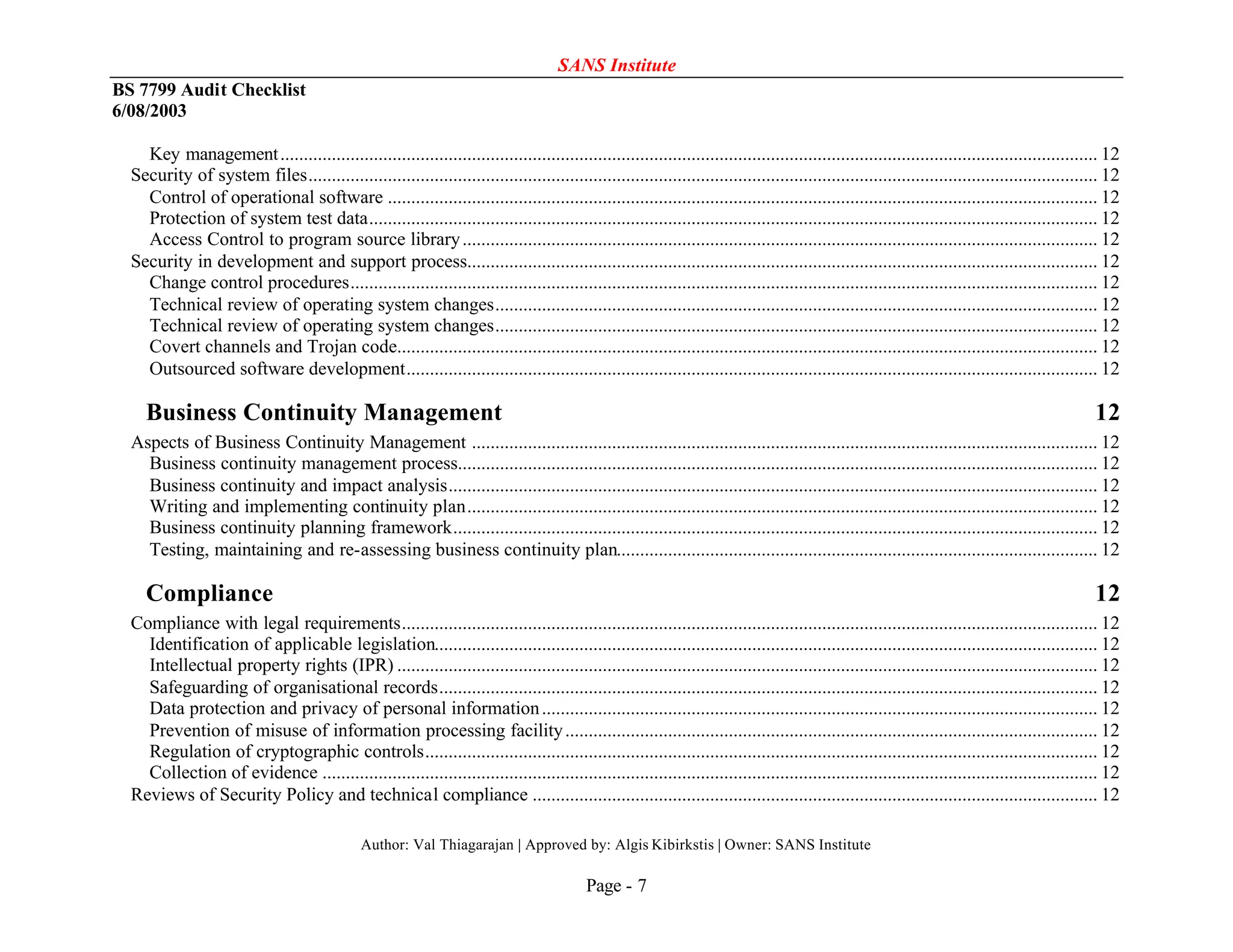 Iso 17799 checklist | PDF