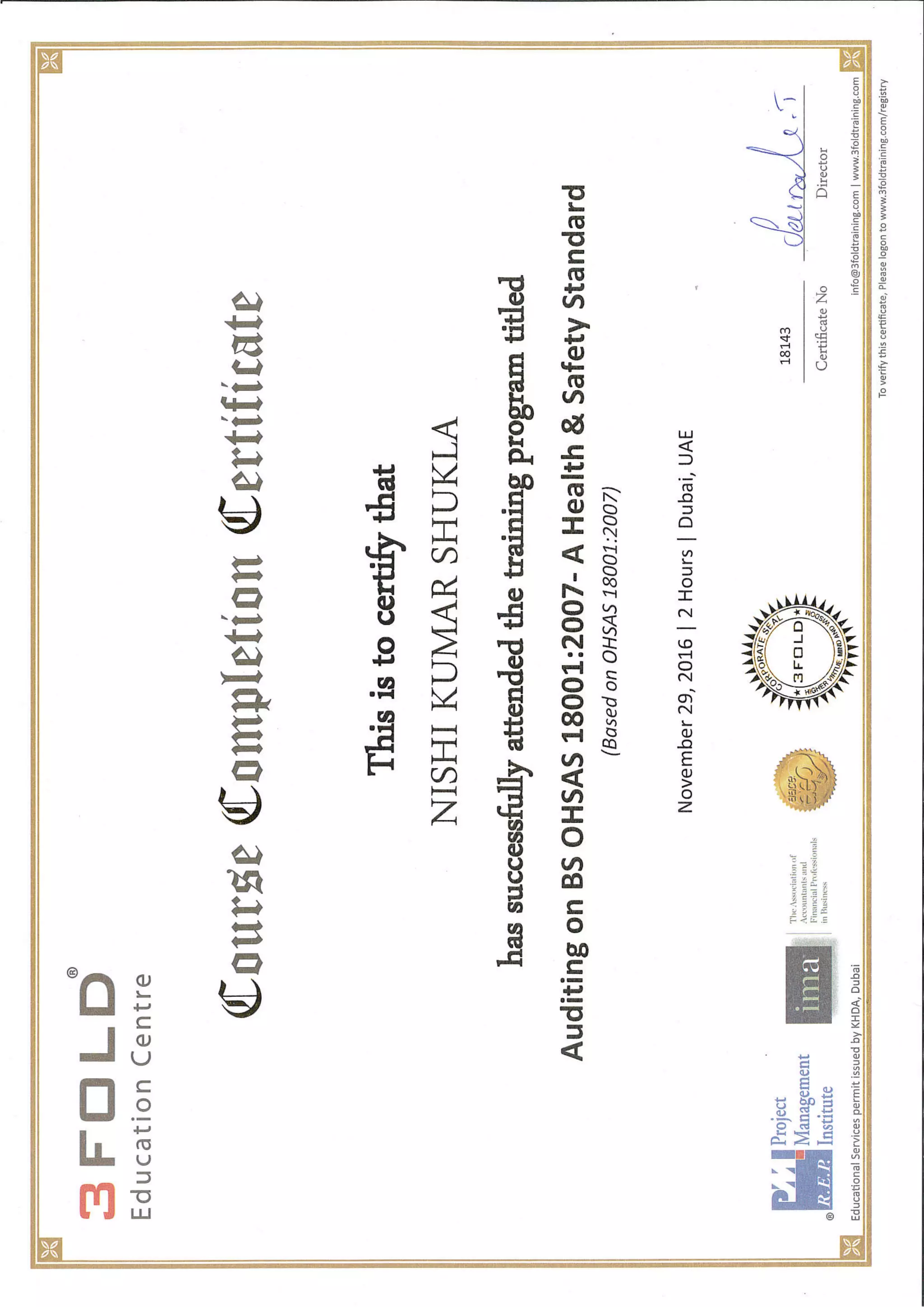 OSHA 18001 training certificate | PDF