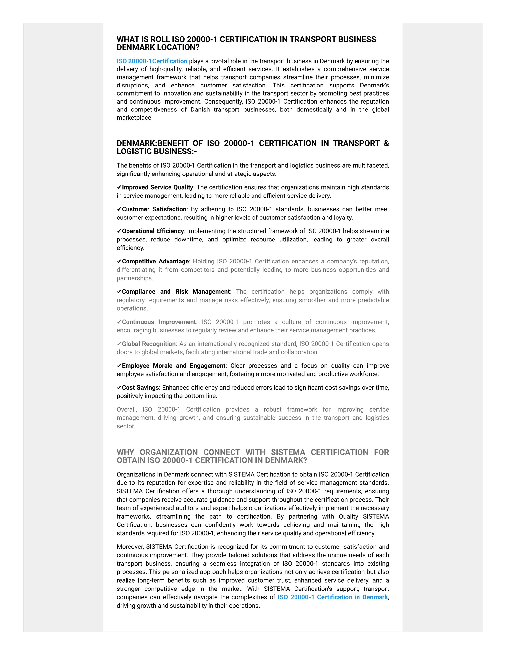 OVERVIEW Of ISO 20000-1 CERTIFICATION IN DENMARK FOR TRANSPORT BUSINESS ...