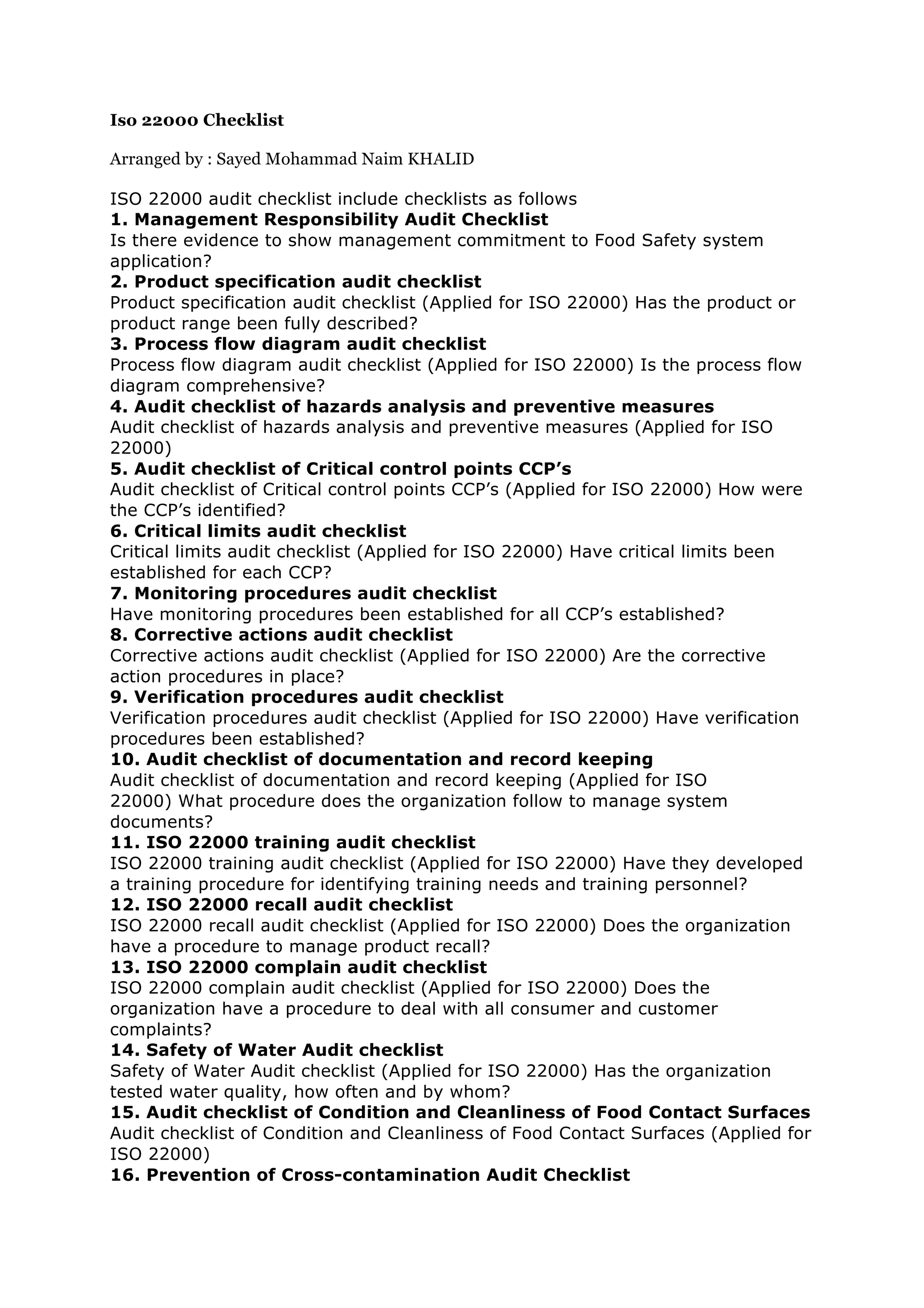 Iso 22000 checklist | PDF