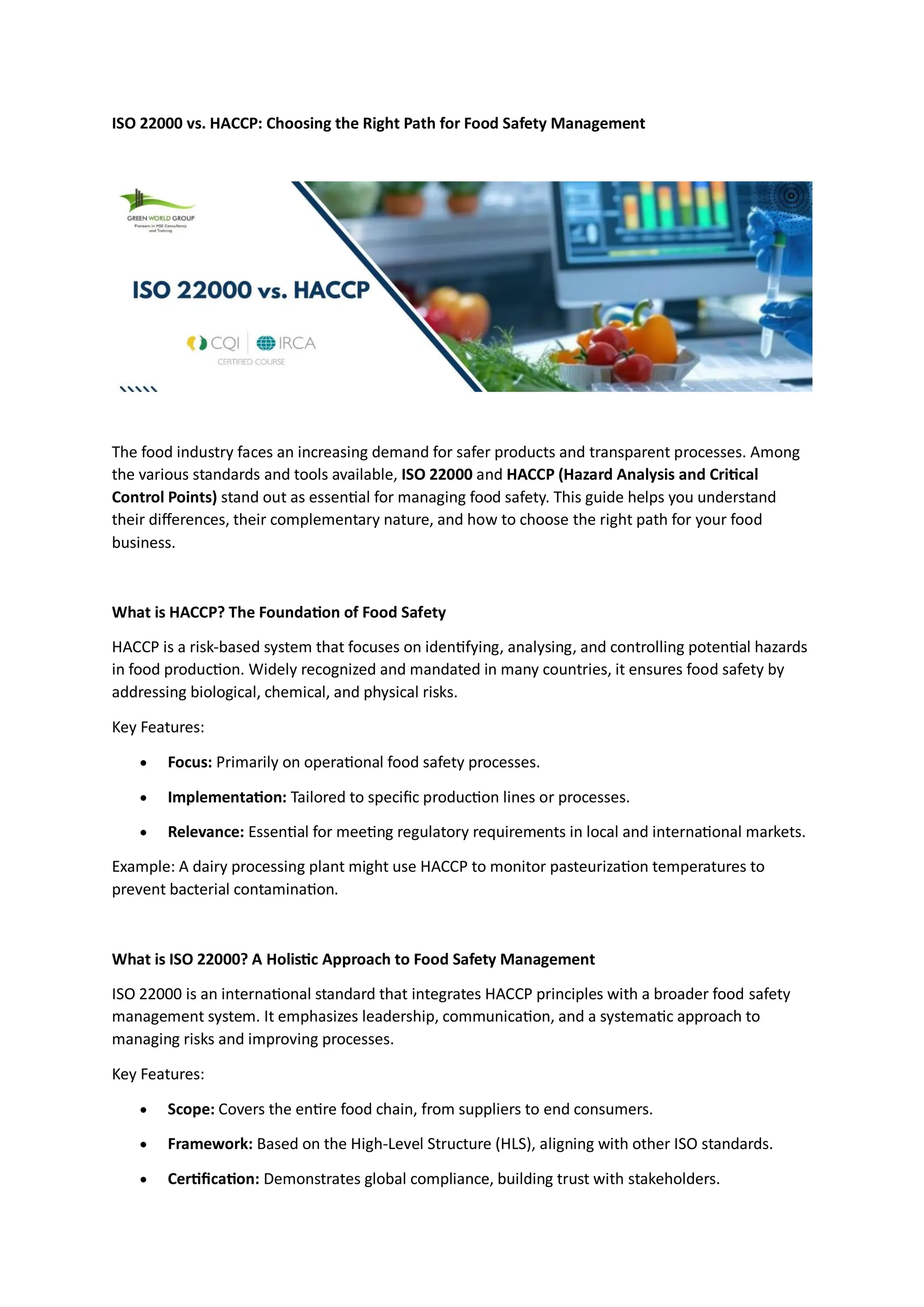 ISO 22000 vs. HACCP: Choosing the Right Path for Food Safety Management | PDF
