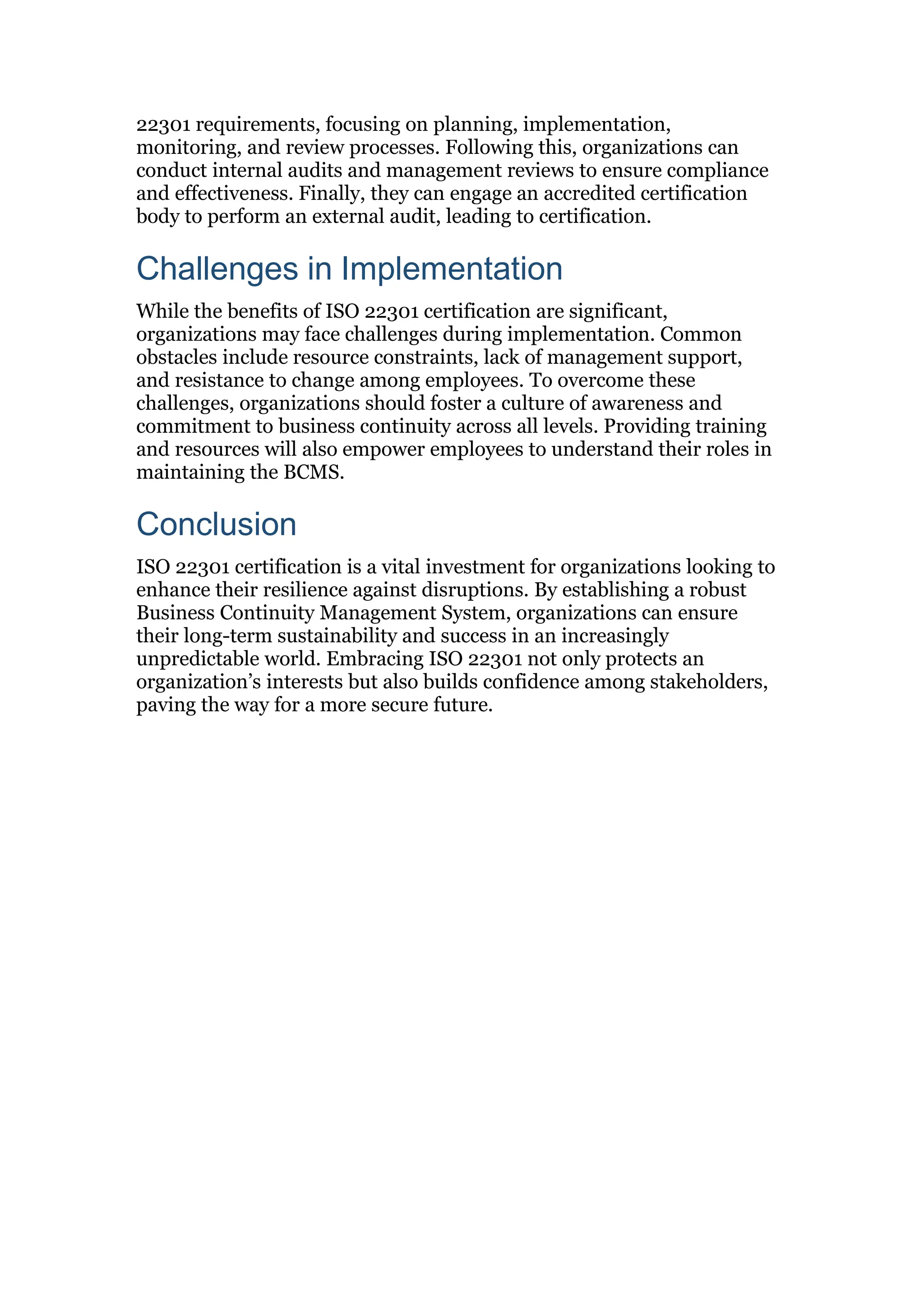 ISO 22301 is an international standard for business continuity ...