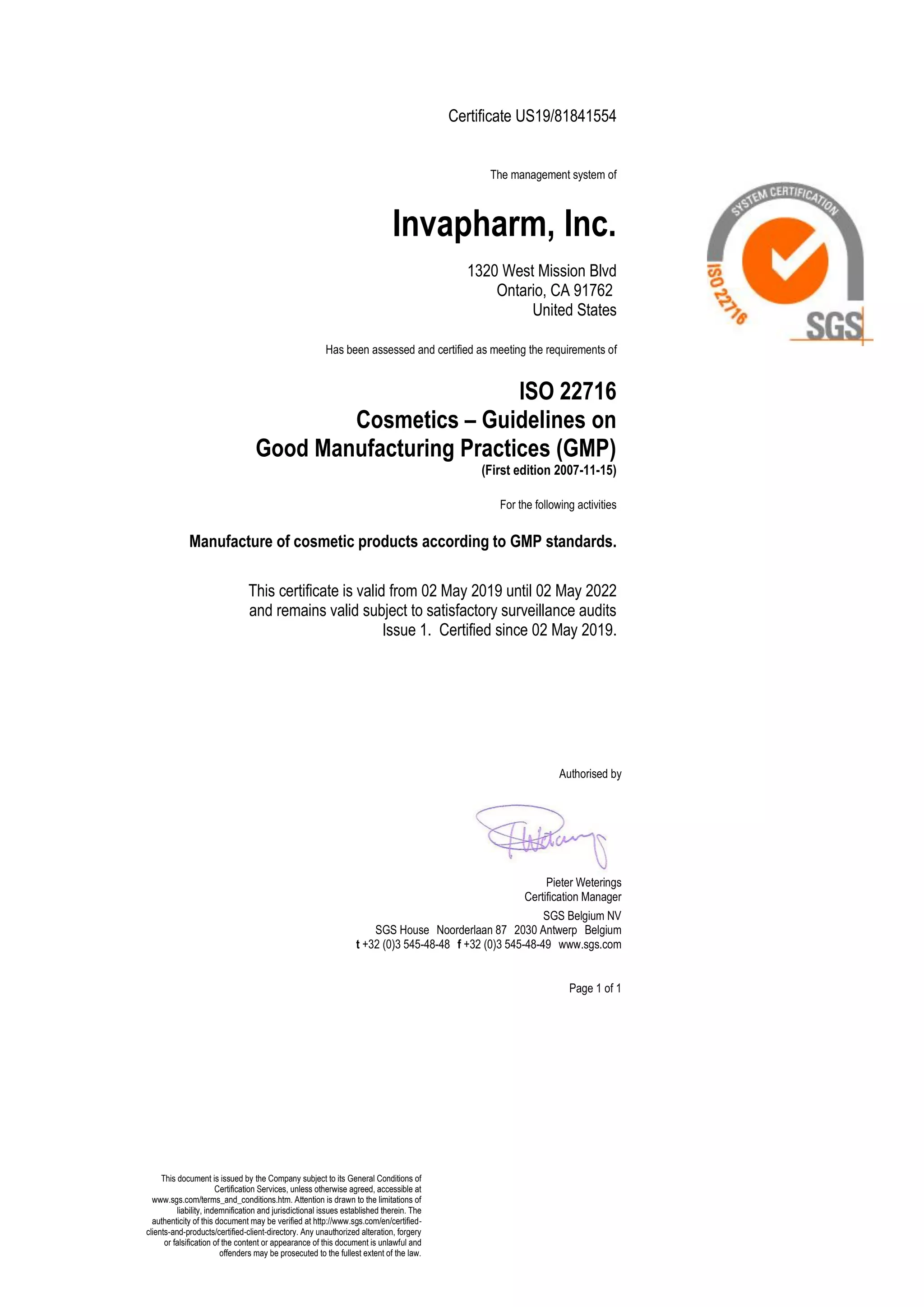 ISO 22716 Certificate | PDF | Skin Care | Beauty