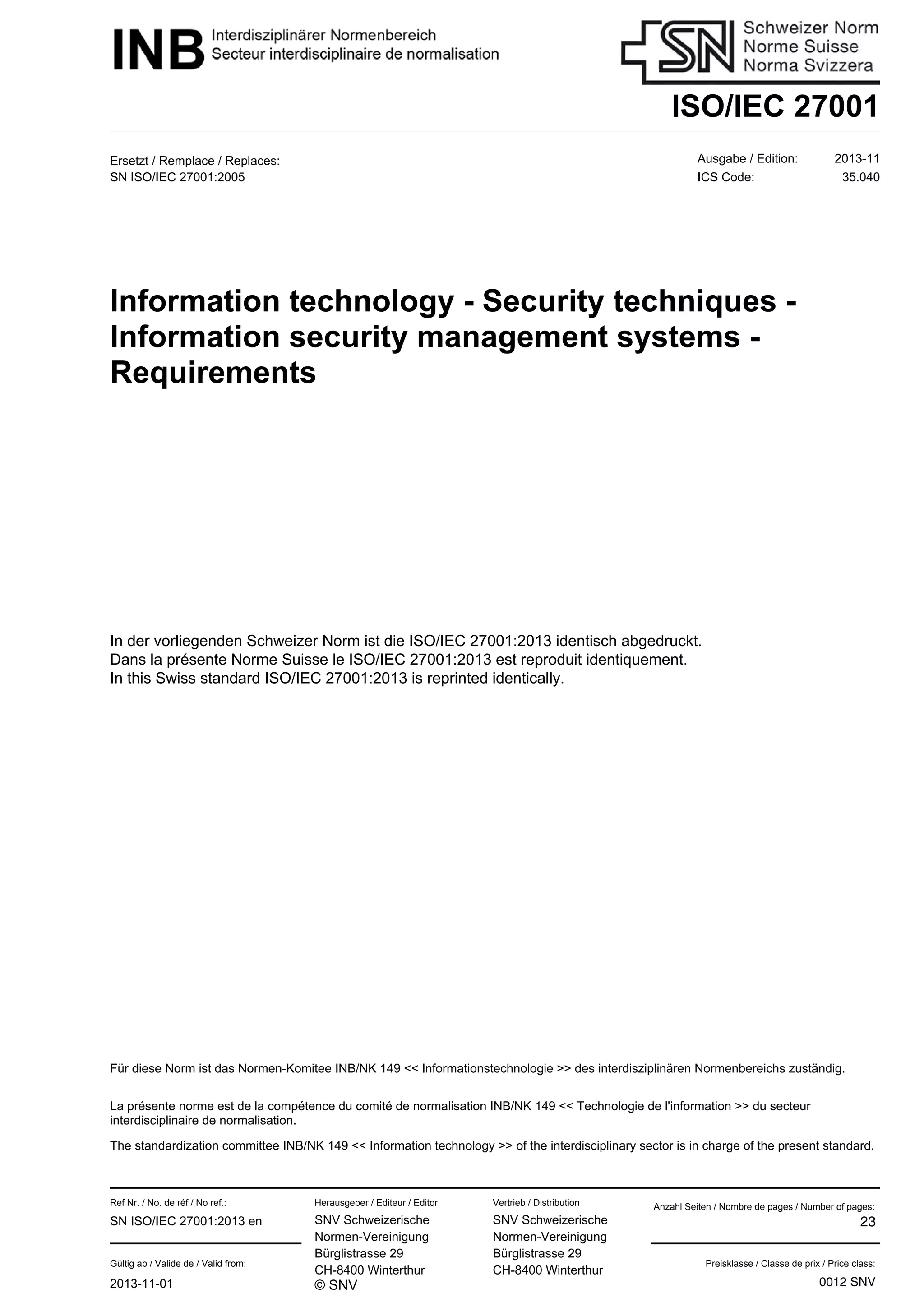 Standard ISO27001-2013 Information technology - Security techniques | PDF
