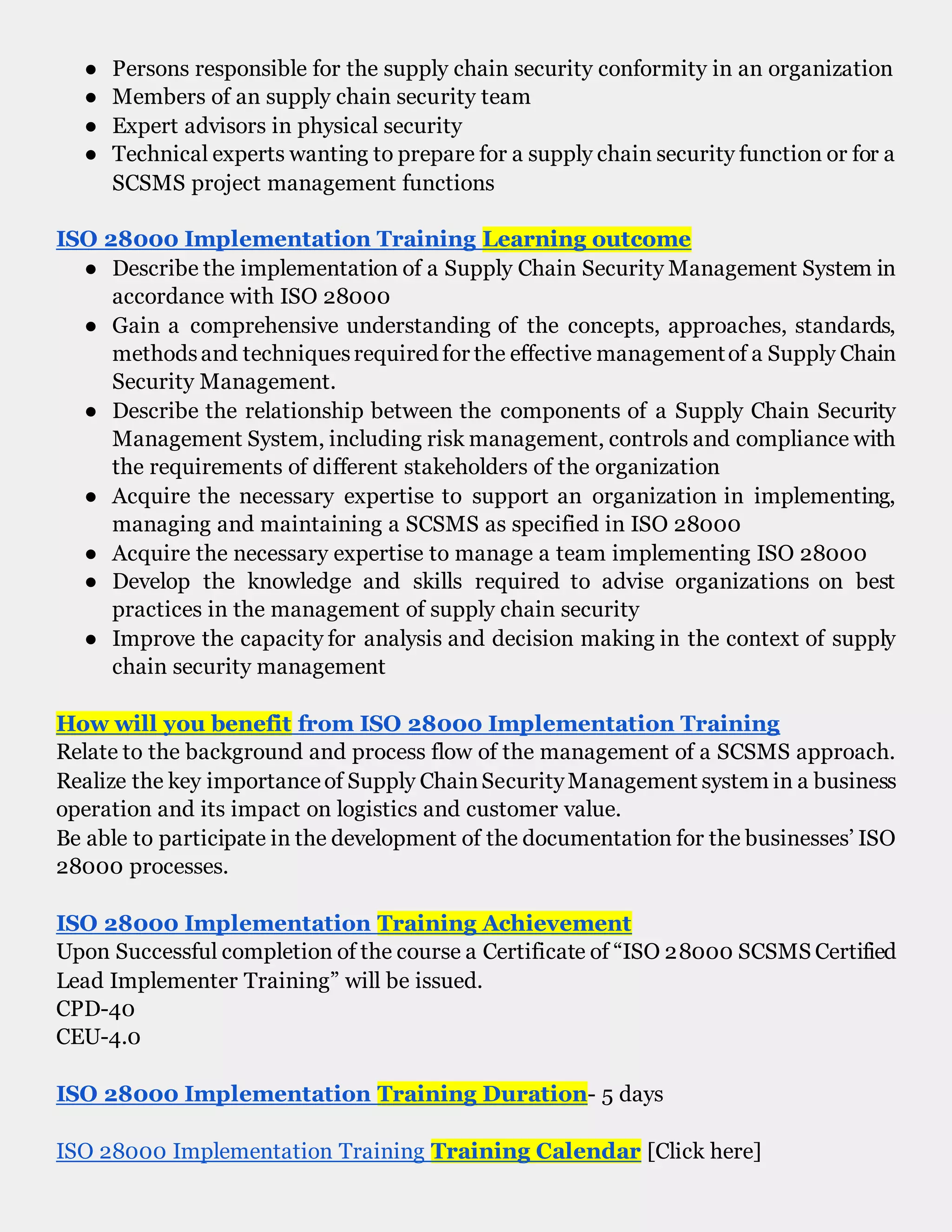 ISO 28000 | ISO 28000 Implementation Training | DOCX | Business ...