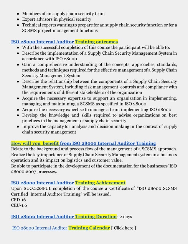 ISO 28000 | ISO 28000 Internal AuditorTraining | DOCX