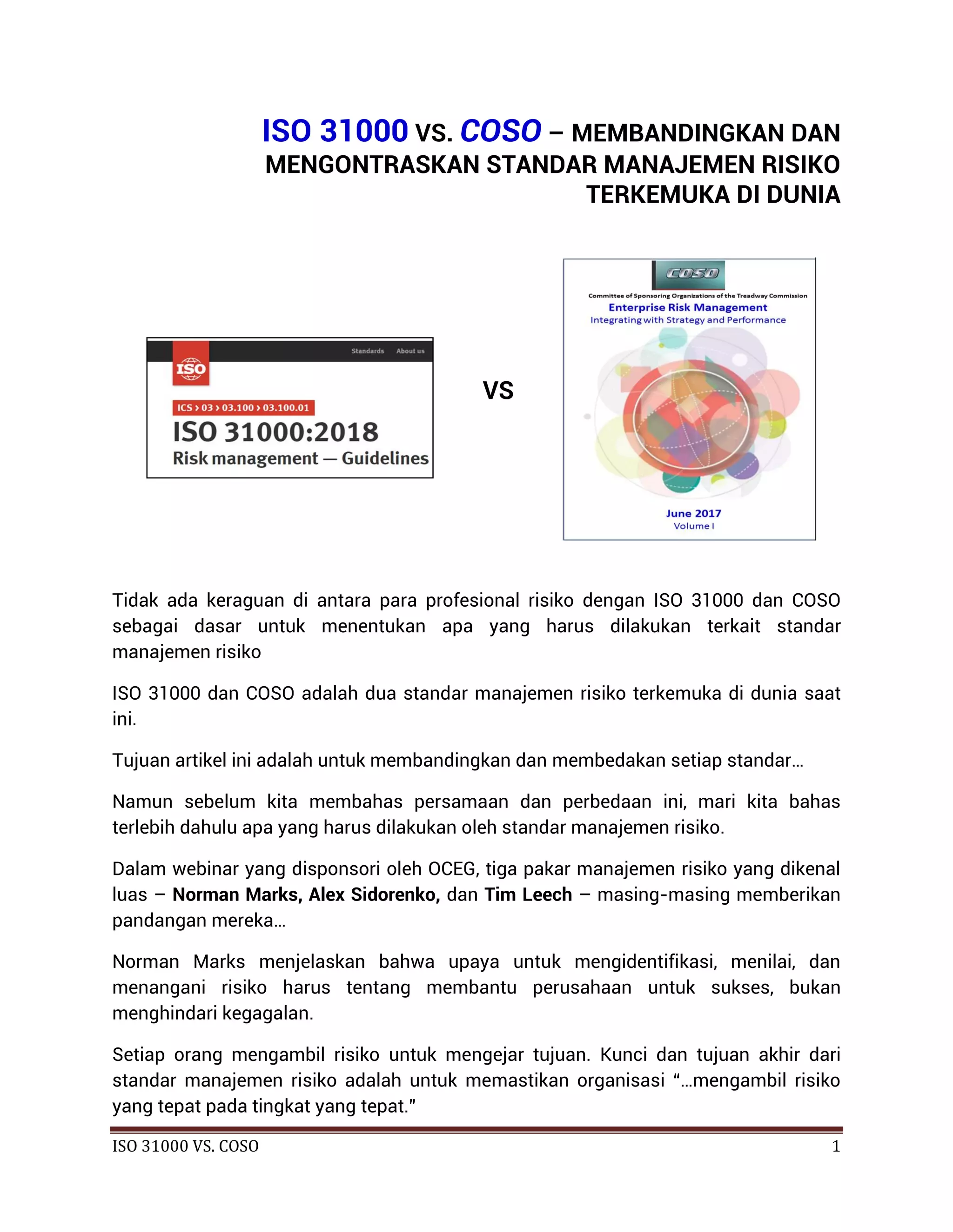 ISO 31000 VS. COSO – MEMBANDINGKAN DAN MENGONTRASKAN STANDAR "MANAJEMEN RISIKO" TERKEMUKA DI ...