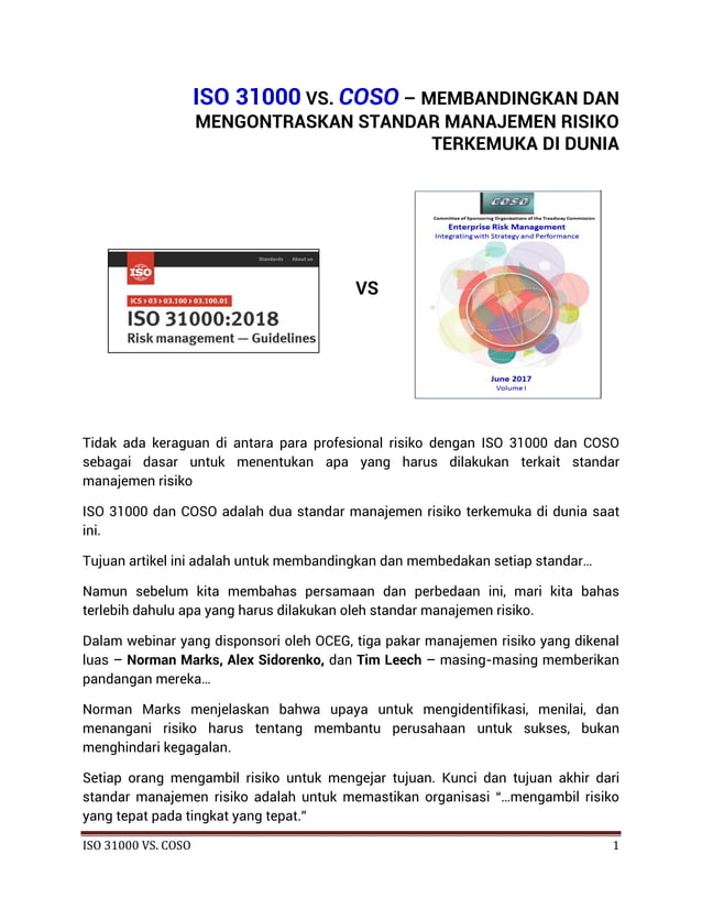 ISO 31000 VS. COSO – MEMBANDINGKAN DAN MENGONTRASKAN STANDAR "MANAJEMEN RISIKO" TERKEMUKA DI ...