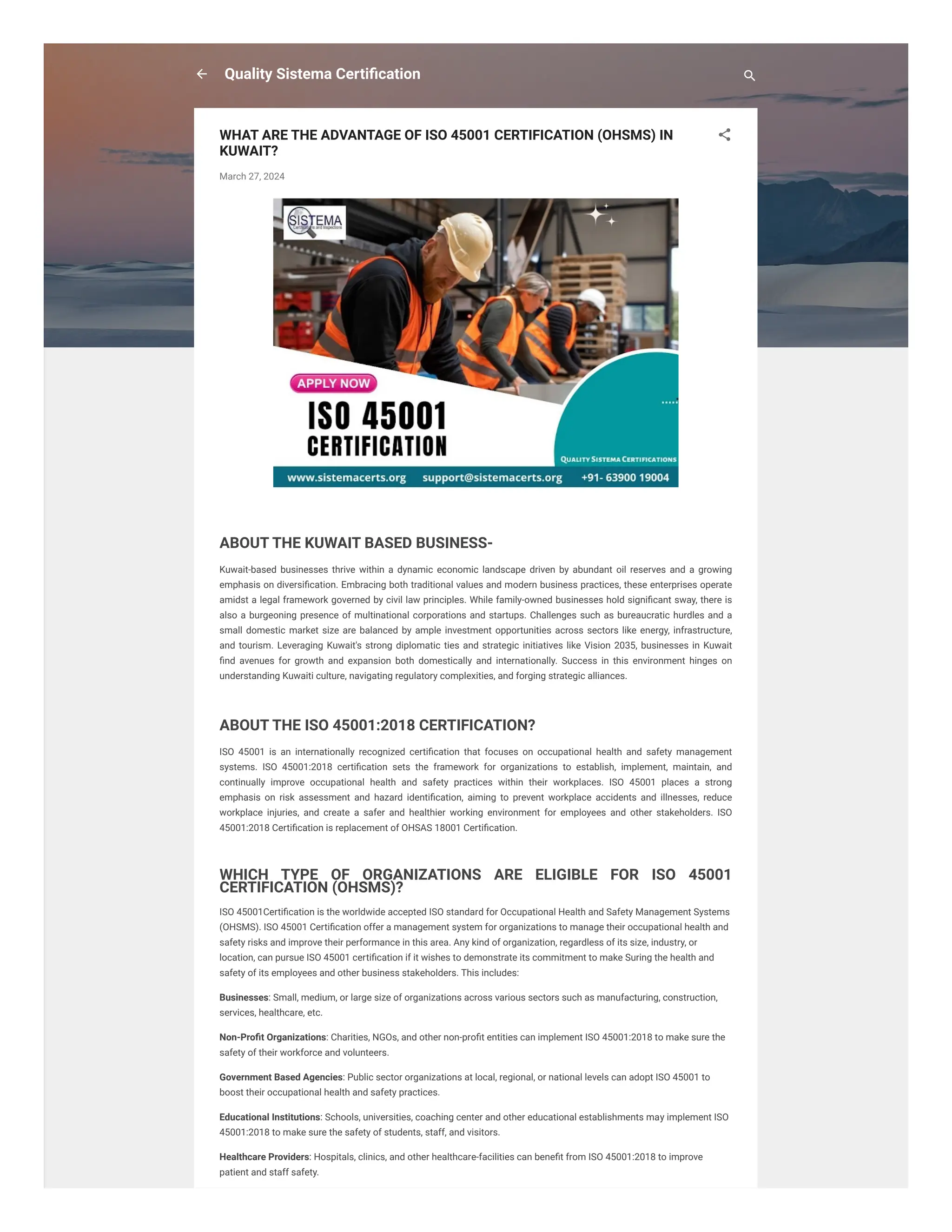 WHAT ARE THE ADVANTAGE OF ISO 45001 CERTIFICATION (OHSMS) IN KUWAIT? | PDF