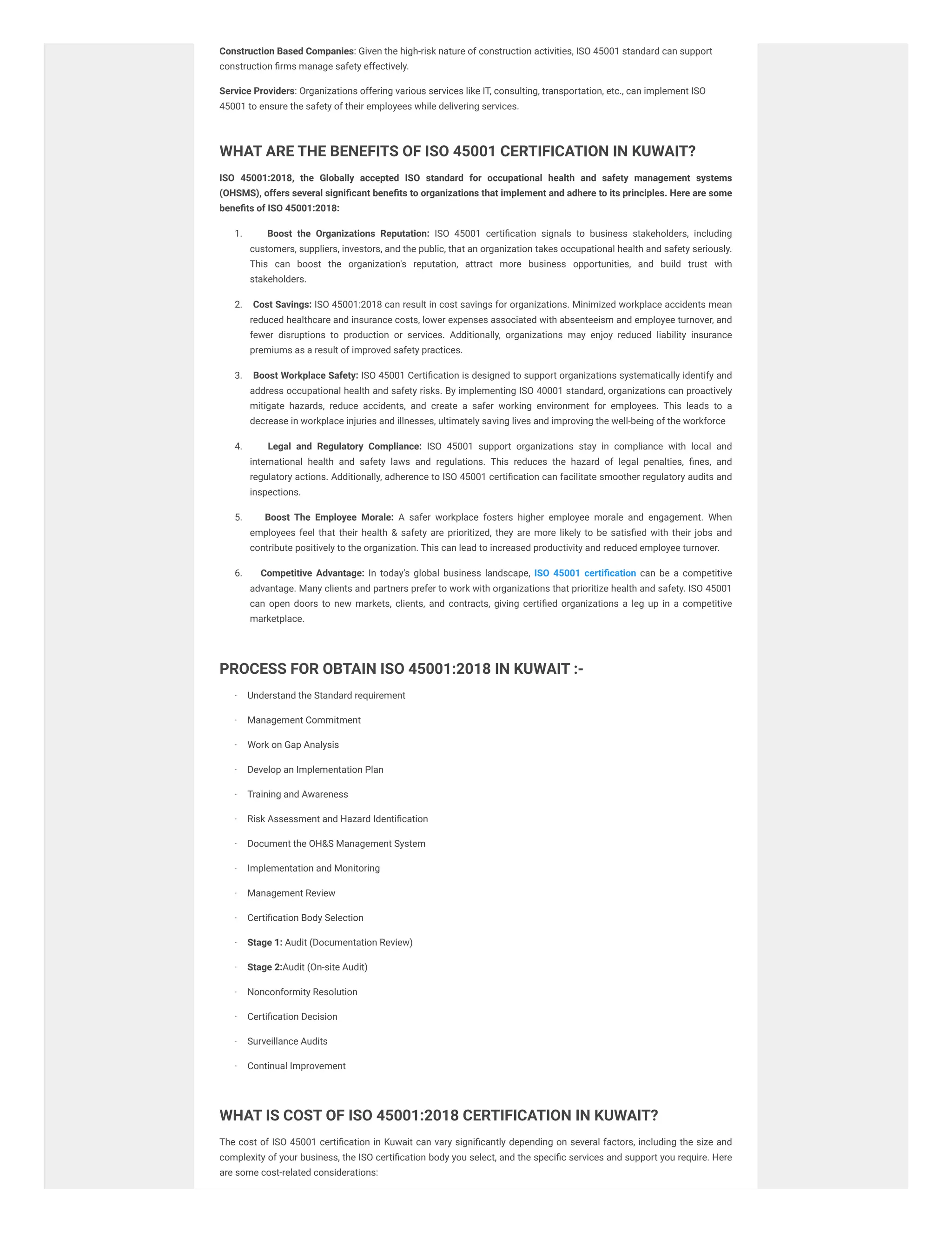 WHAT ARE THE ADVANTAGE OF ISO 45001 CERTIFICATION (OHSMS) IN KUWAIT? | PDF