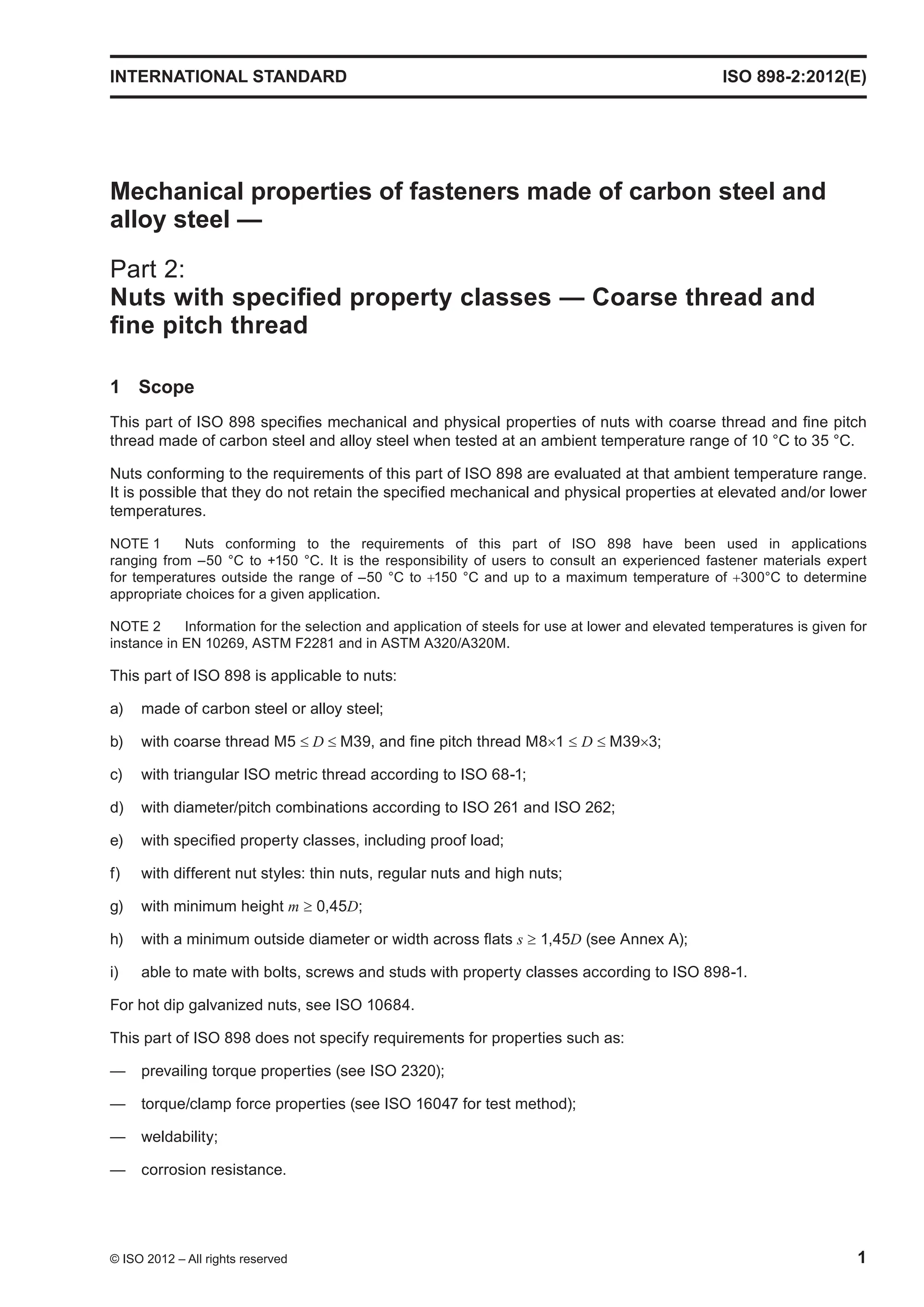 ISO 898-2 2012 Fasteners — Mechanical properties of fasteners made of carbon steel and alloy ...