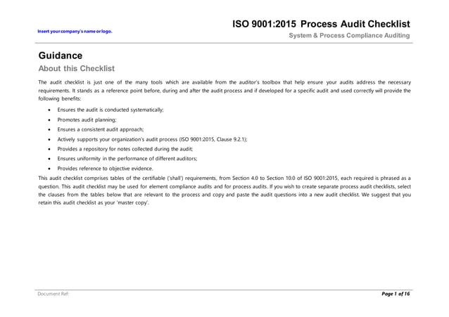 Iso 9001 2015 process audit checklist | DOCX