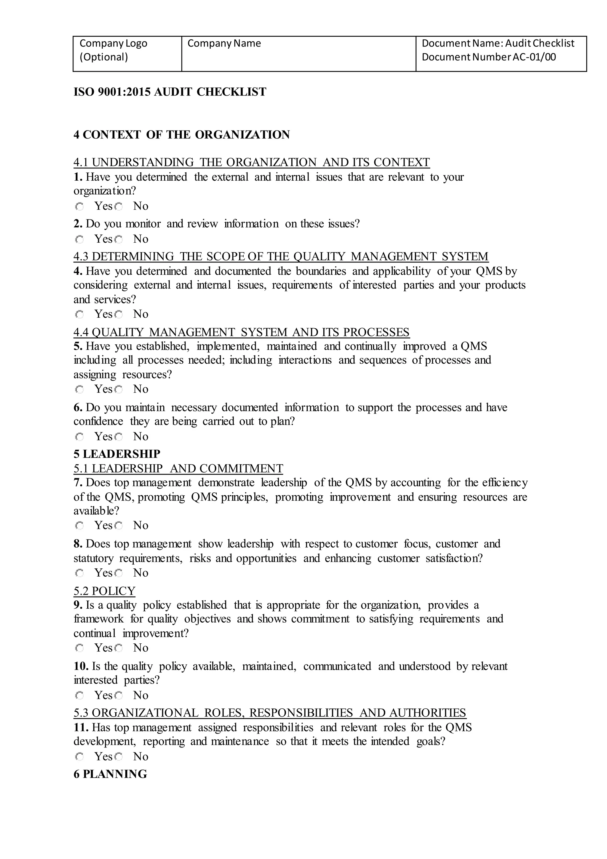 Iso 9001 2015 audit checklist | DOCX