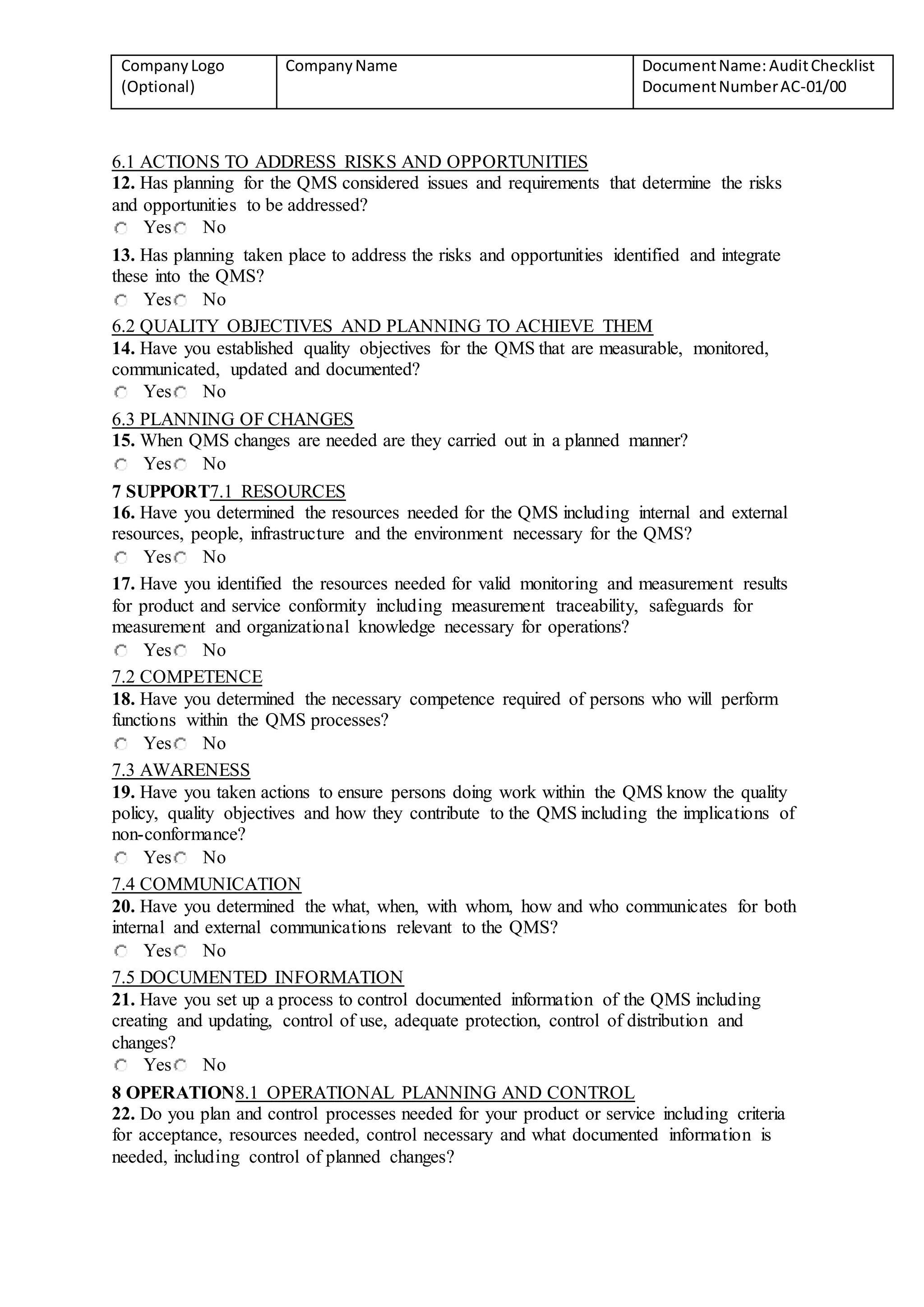 Iso 9001 2015 audit checklist | DOCX