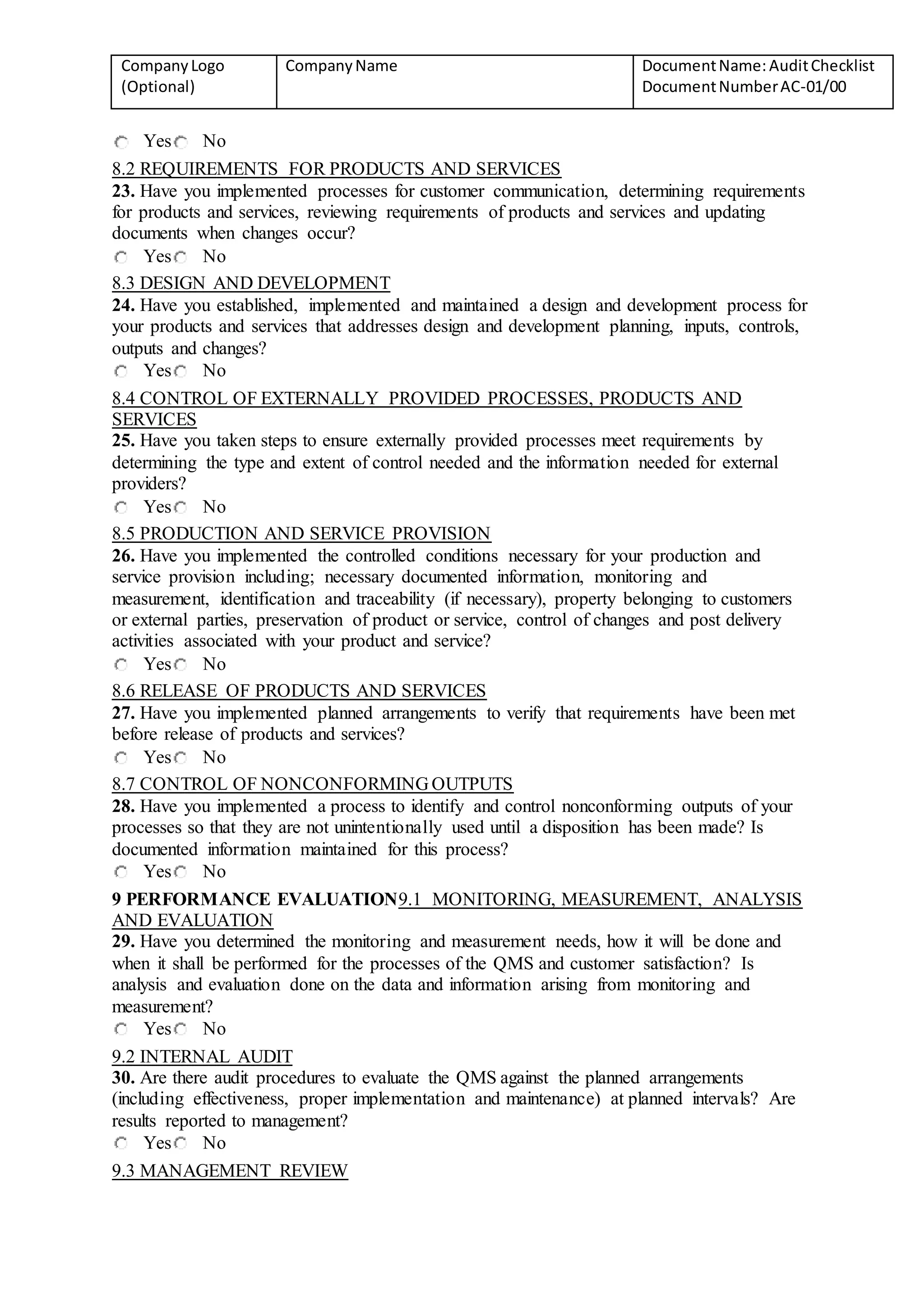 Iso 9001 2015 audit checklist | DOCX