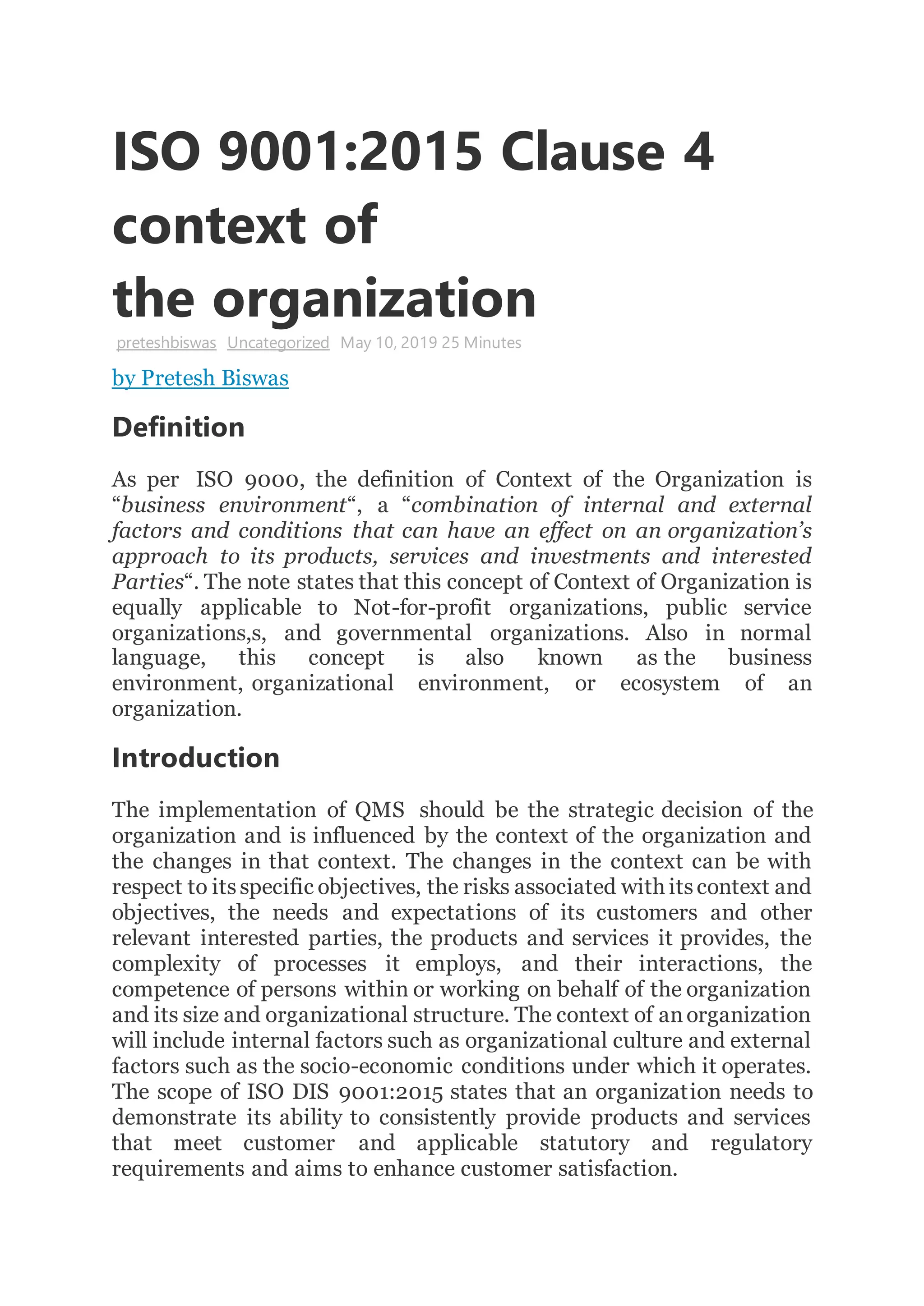 Iso 9001 2015 clause 4 context of the organization | PDF
