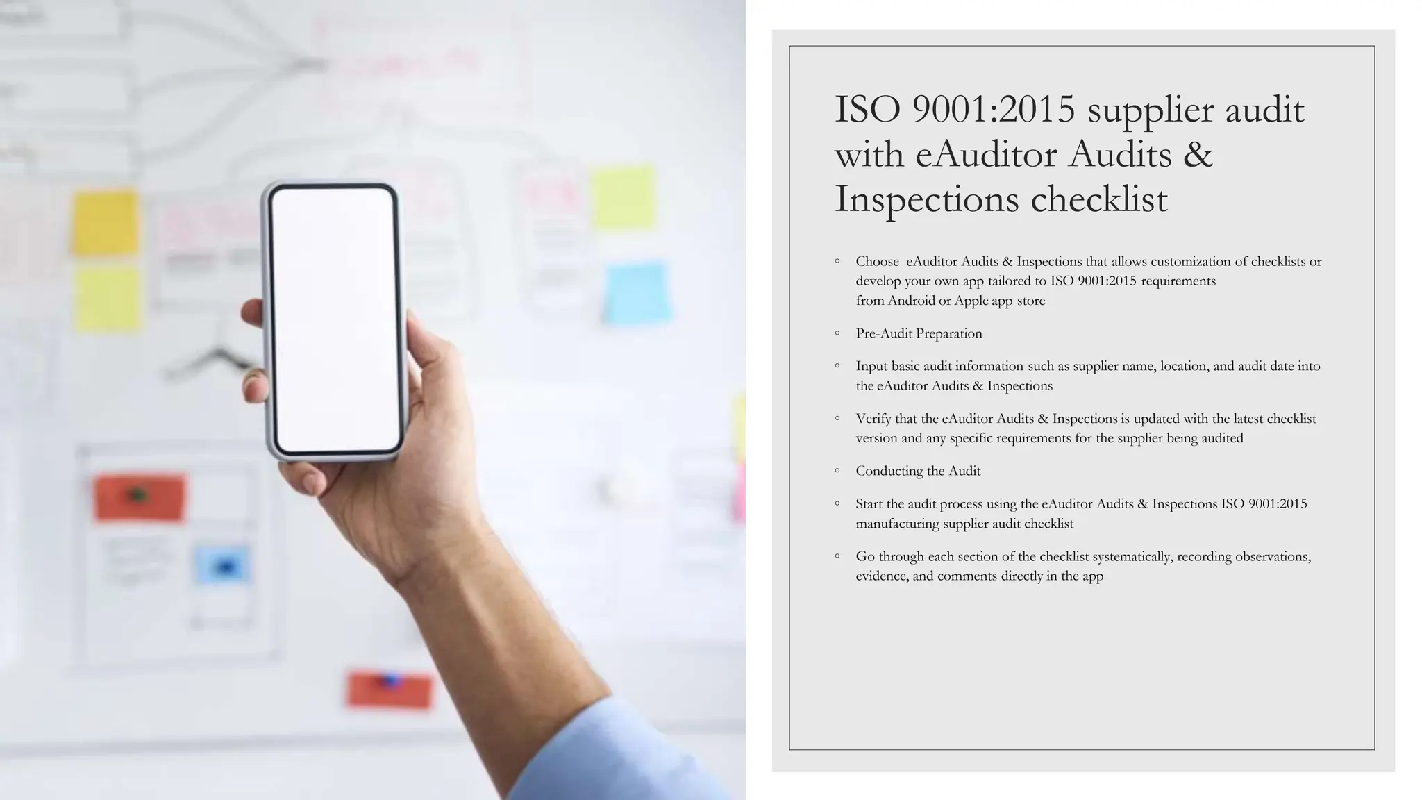 ISO 9001 2015 Manufacturing Supplier Audit Checklist eAuditor Audits & Inspections | PDF