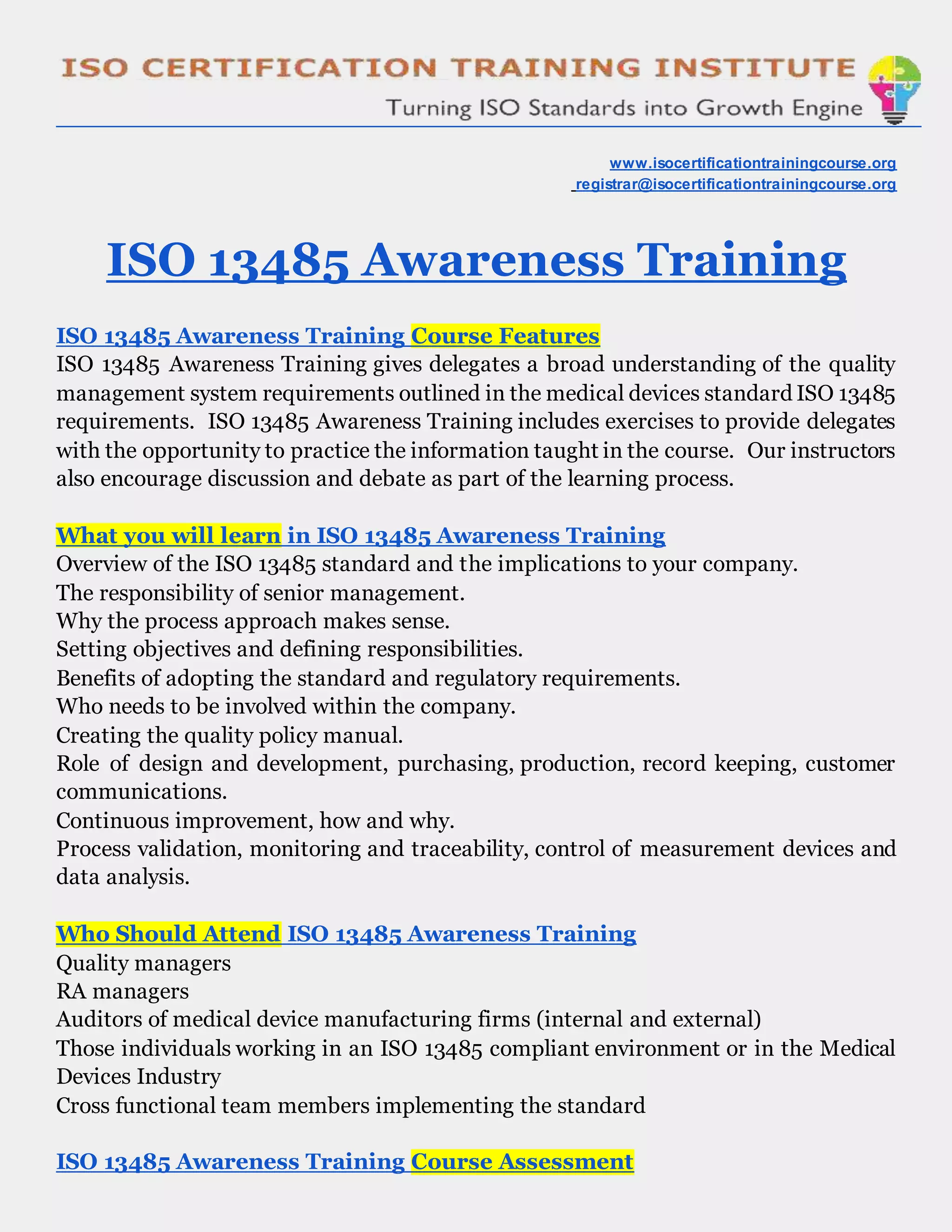ISO 13485 | ISO 13485 Training | ISO 13485 AWARENESS TRAINING | DOCX
