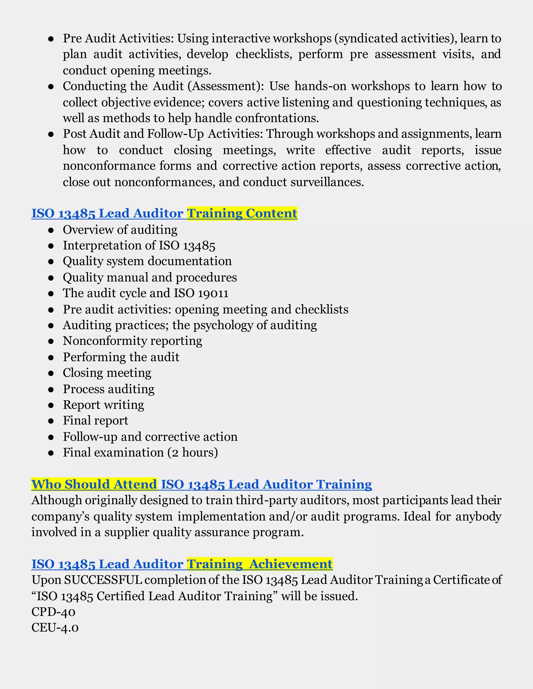 ISO 13485 training | ISO 13485 Lead Auditor Training | DOCX
