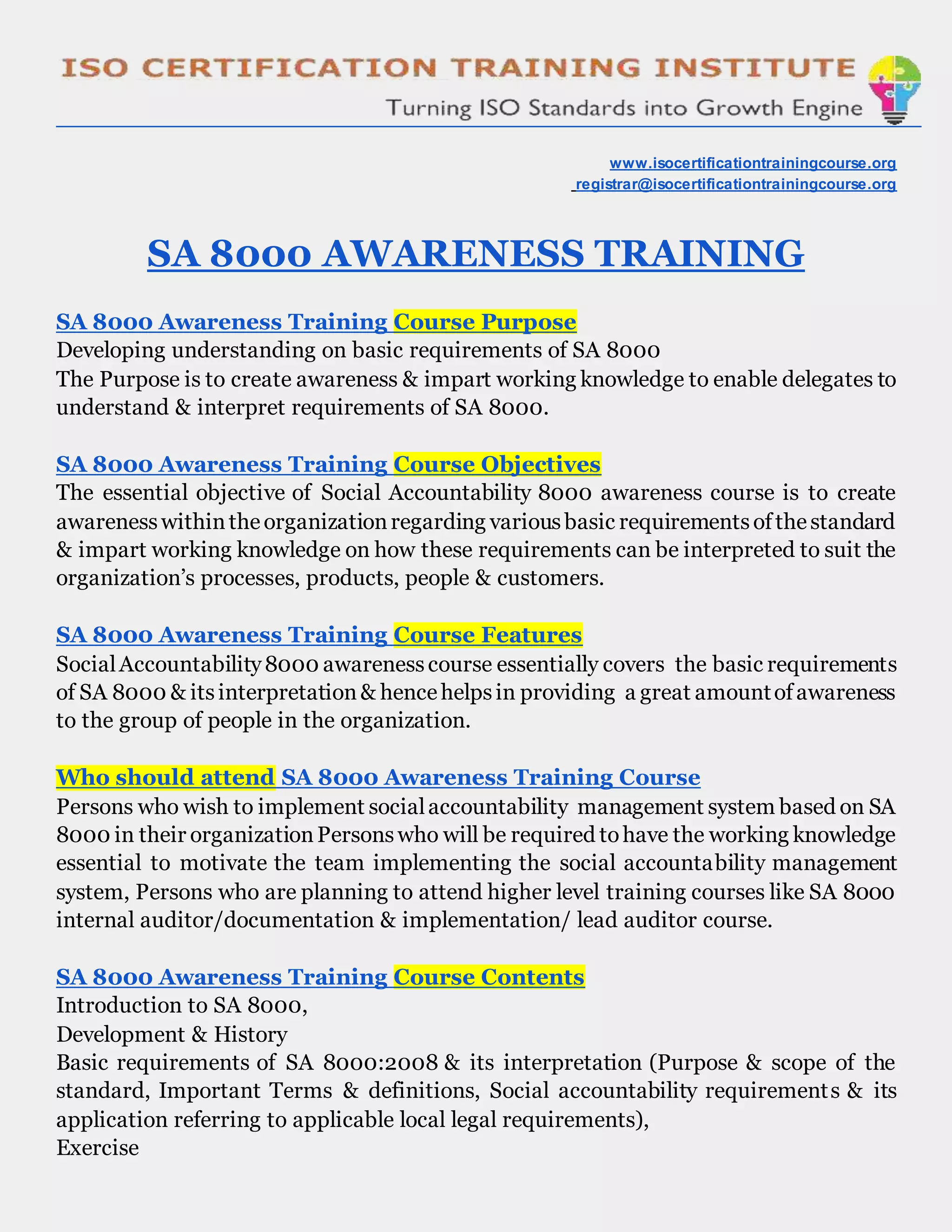 SA 8000 training | SA 8000 AWARENESS TRAINING | DOCX