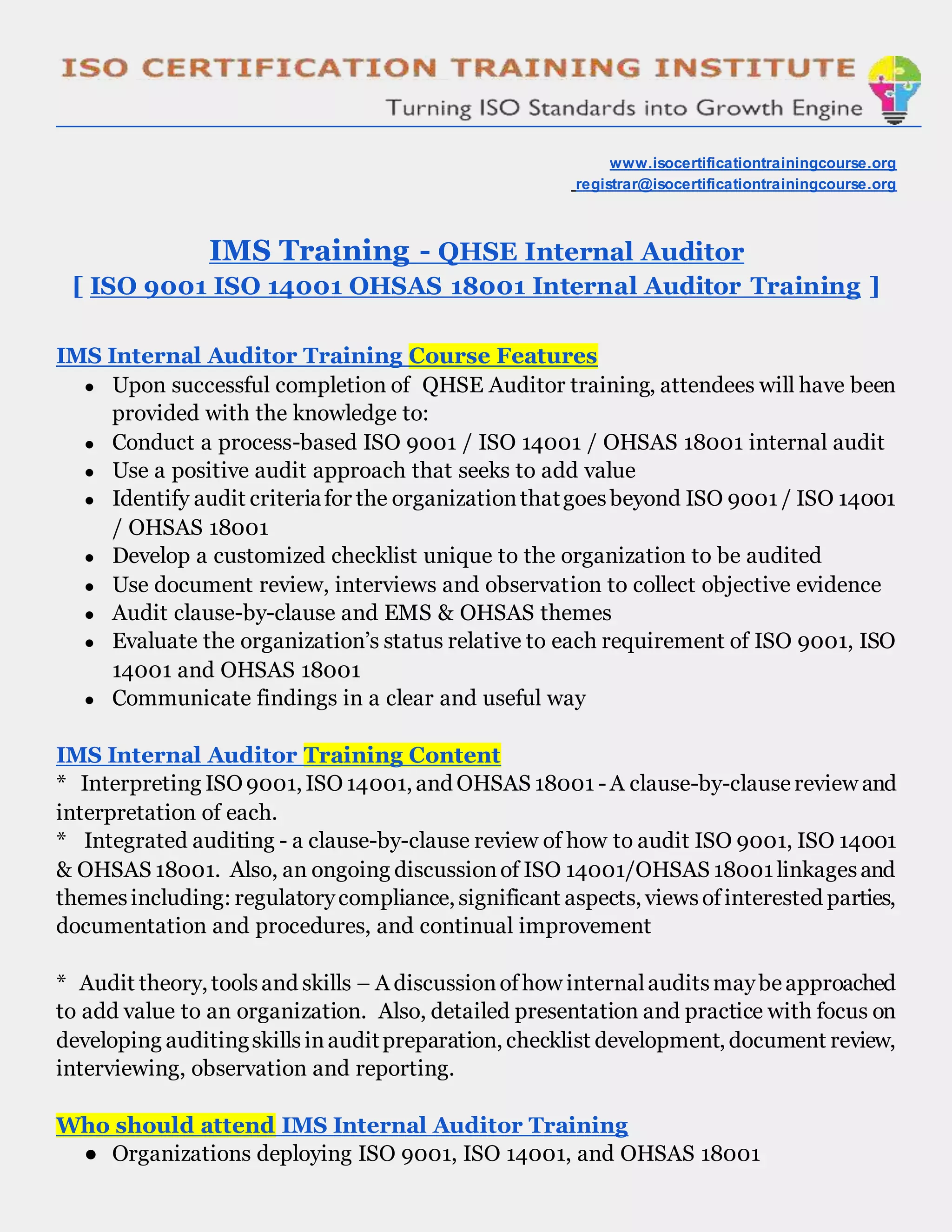 IMS training | IMS internal auditor training | QHSE | QHSE INTERNAL ...