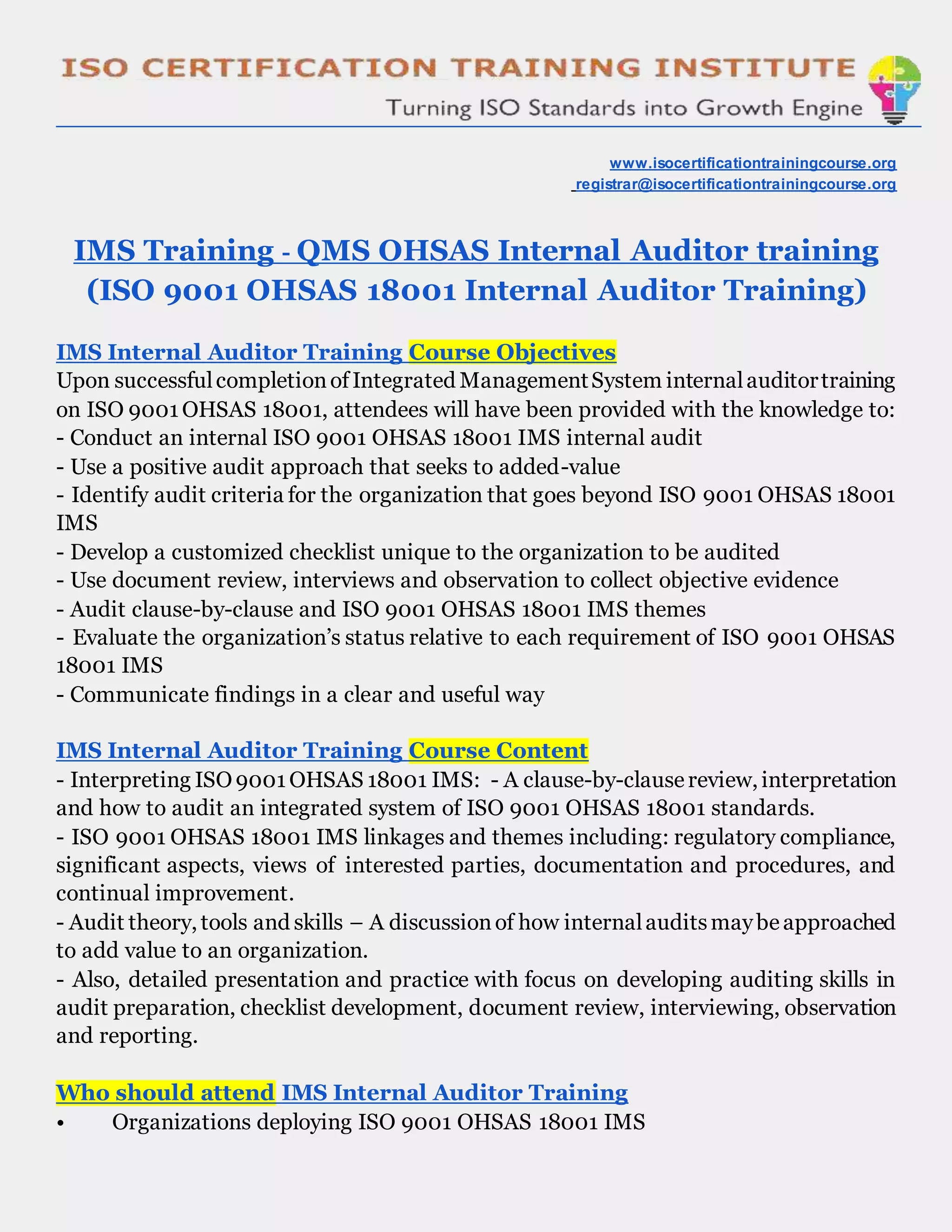 IMS training | IMS internal auditor training | ISO 9001 OHSAS 18001 ...