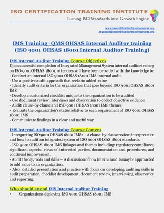 IMS training | IMS internal auditor training | ISO 9001 OHSAS 18001 ...