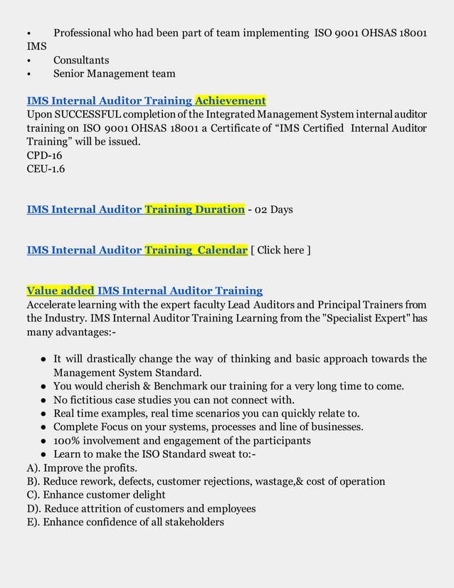IMS training | IMS internal auditor training | ISO 9001 OHSAS 18001 ...