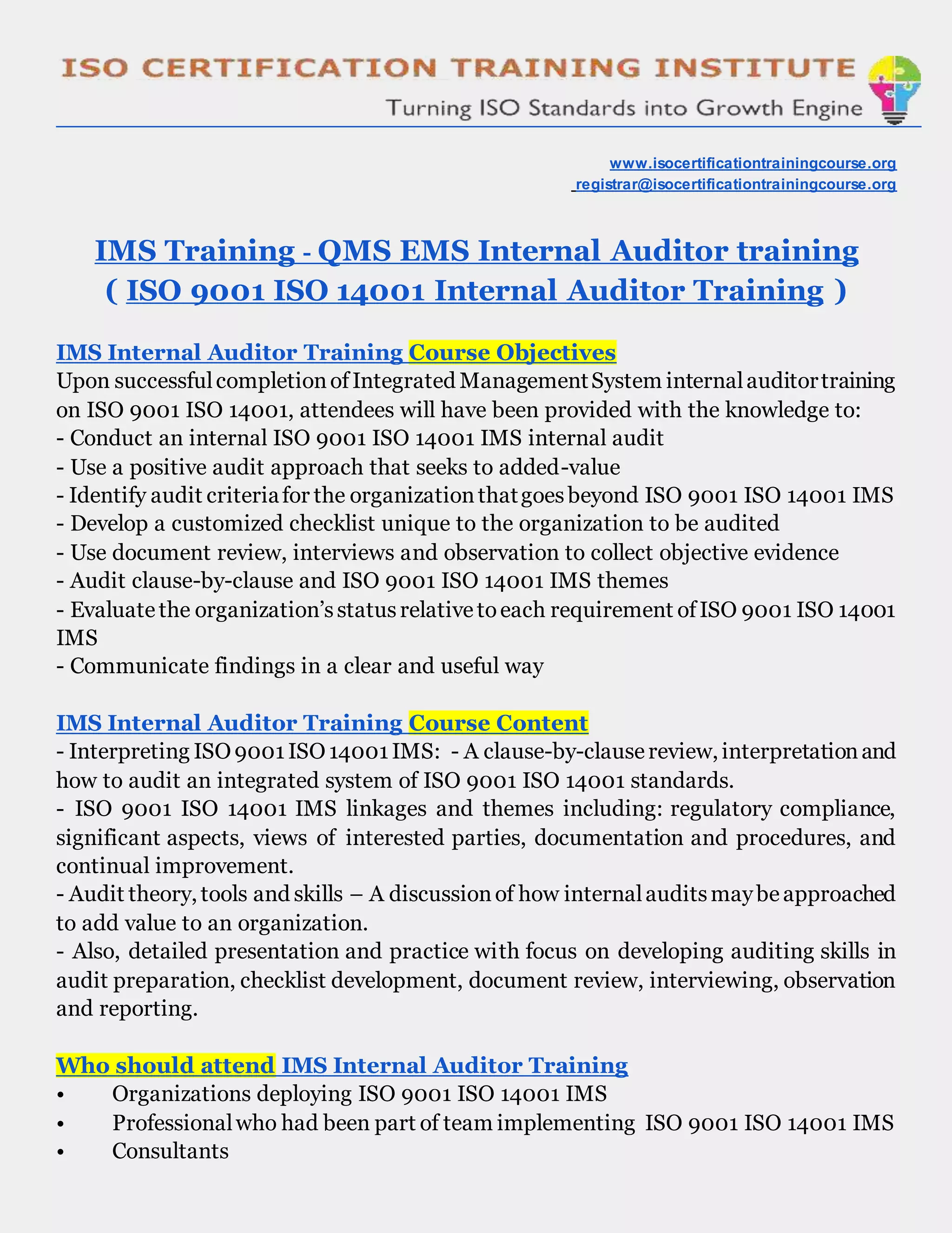 IMS training | IMS internal auditor training | ISO 9001 ISO 14001 ...