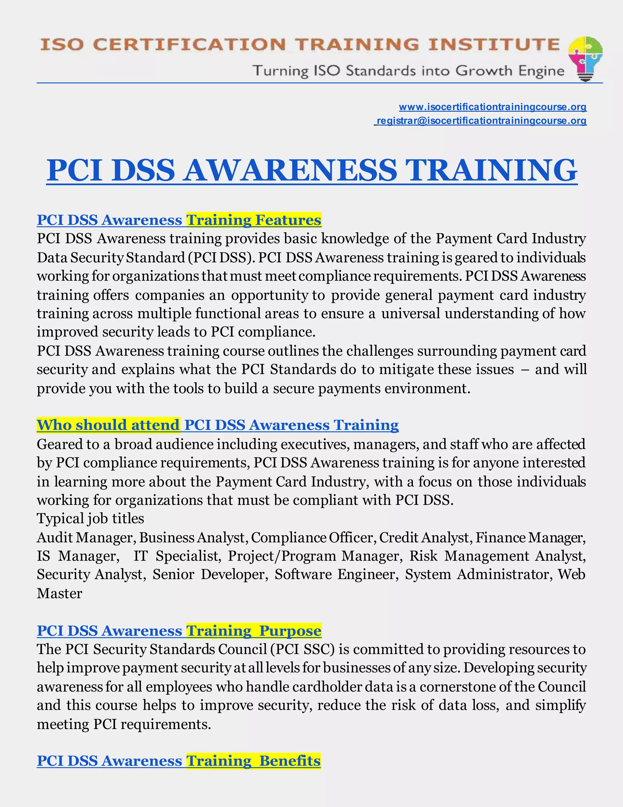 PCI DSS | PCI DSS Training | PCI DSS AWARENESS TRAINING | DOCX