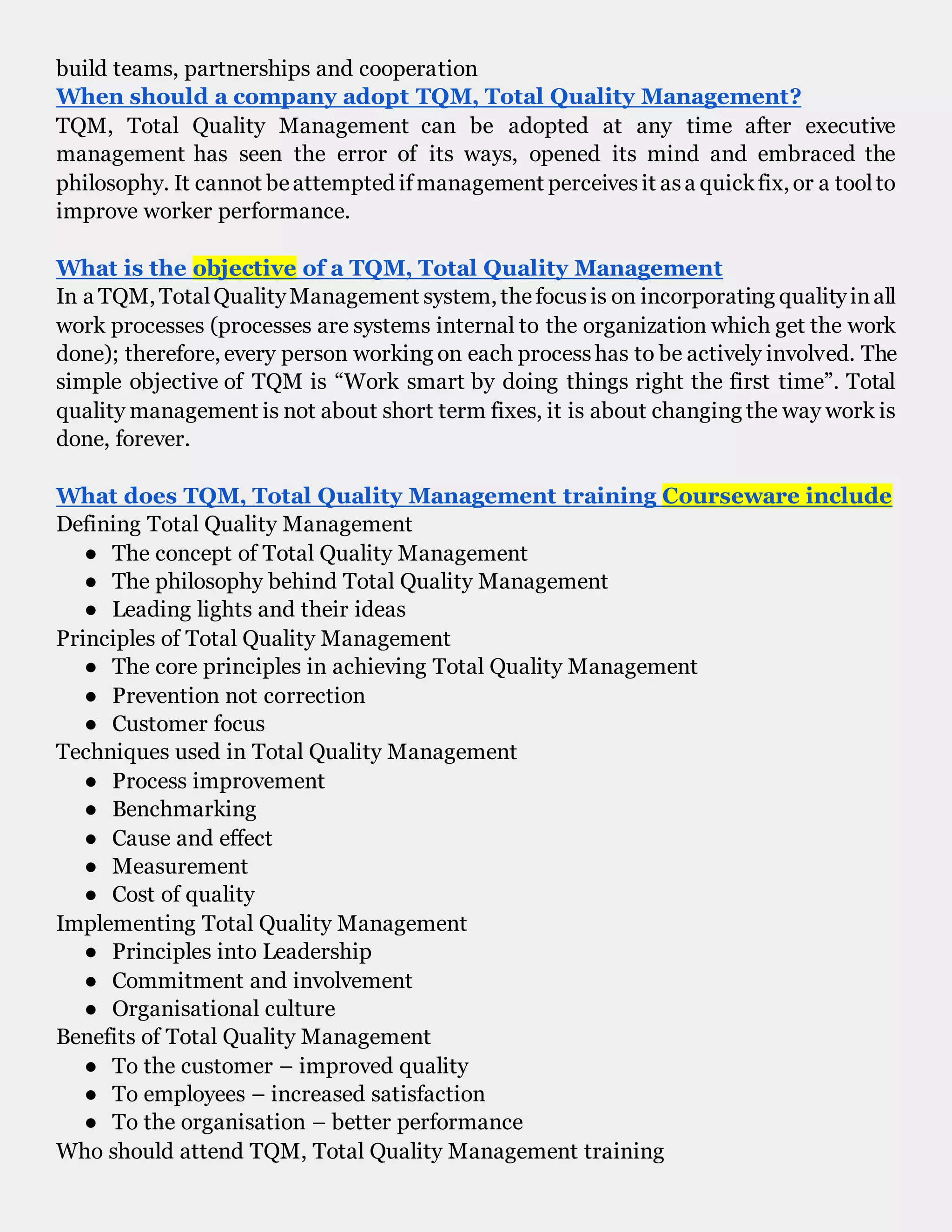 TQM | Total Quality Management Training | DOCX
