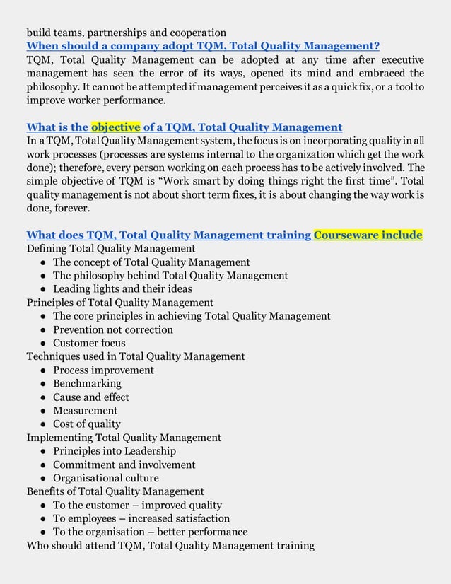 TQM | Total Quality Management Training | PDF
