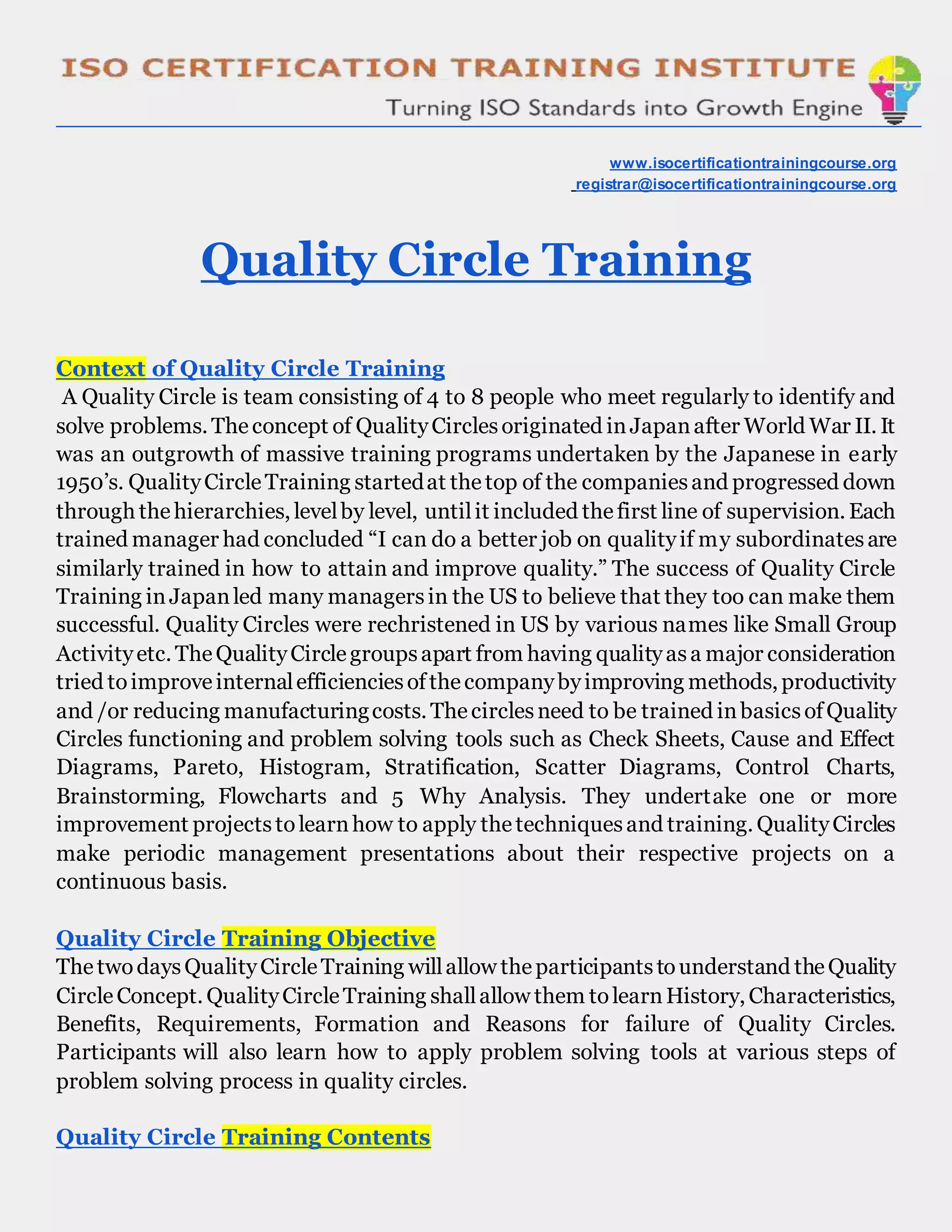 Quality Circle | Quality Circle Training | DOCX