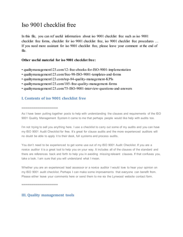 Iso 9001 checklist free | PDF