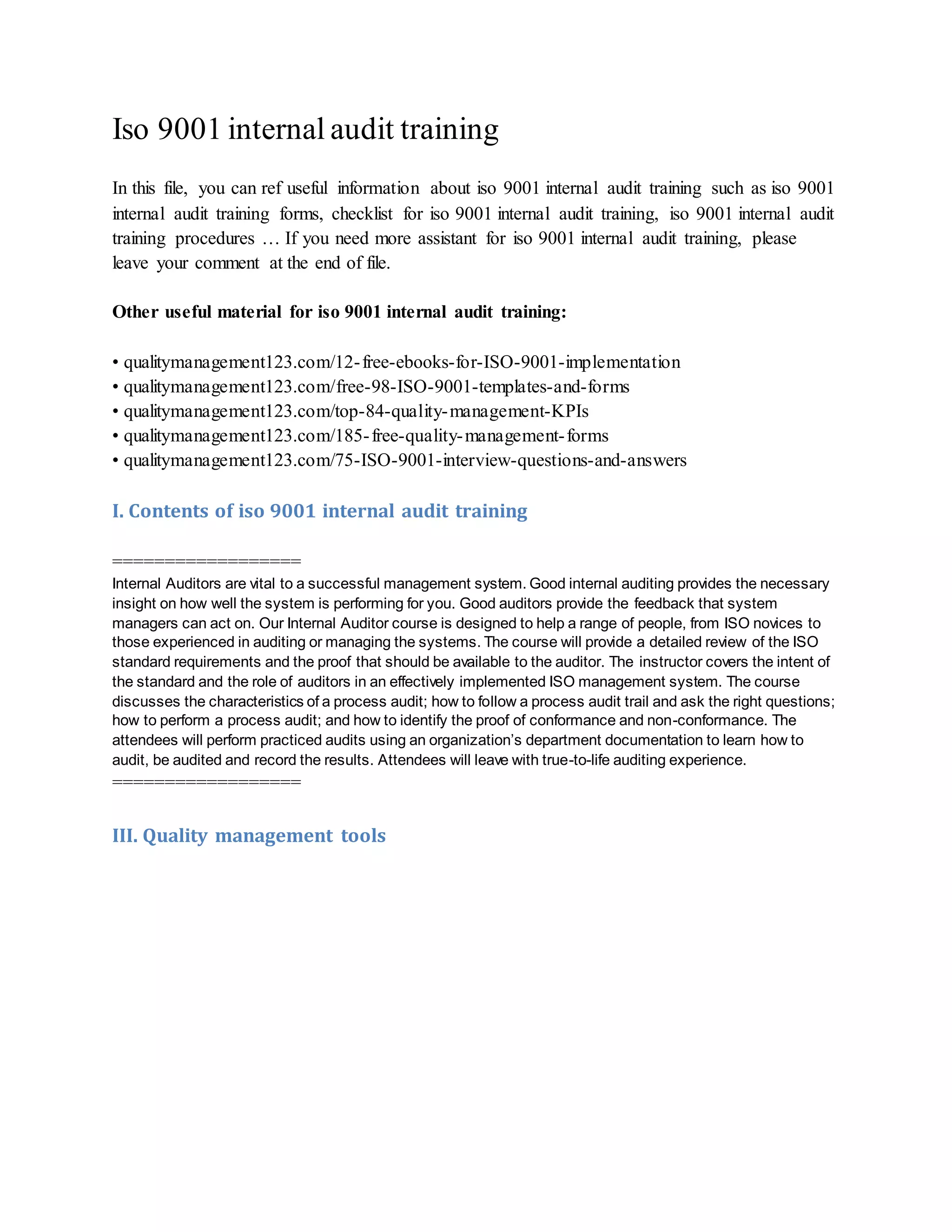 Iso 9001 internal audit training | DOCX