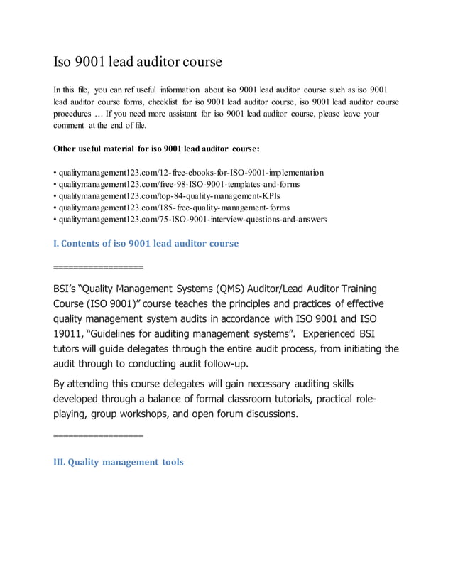 Iso 9001 lead auditor course | DOCX