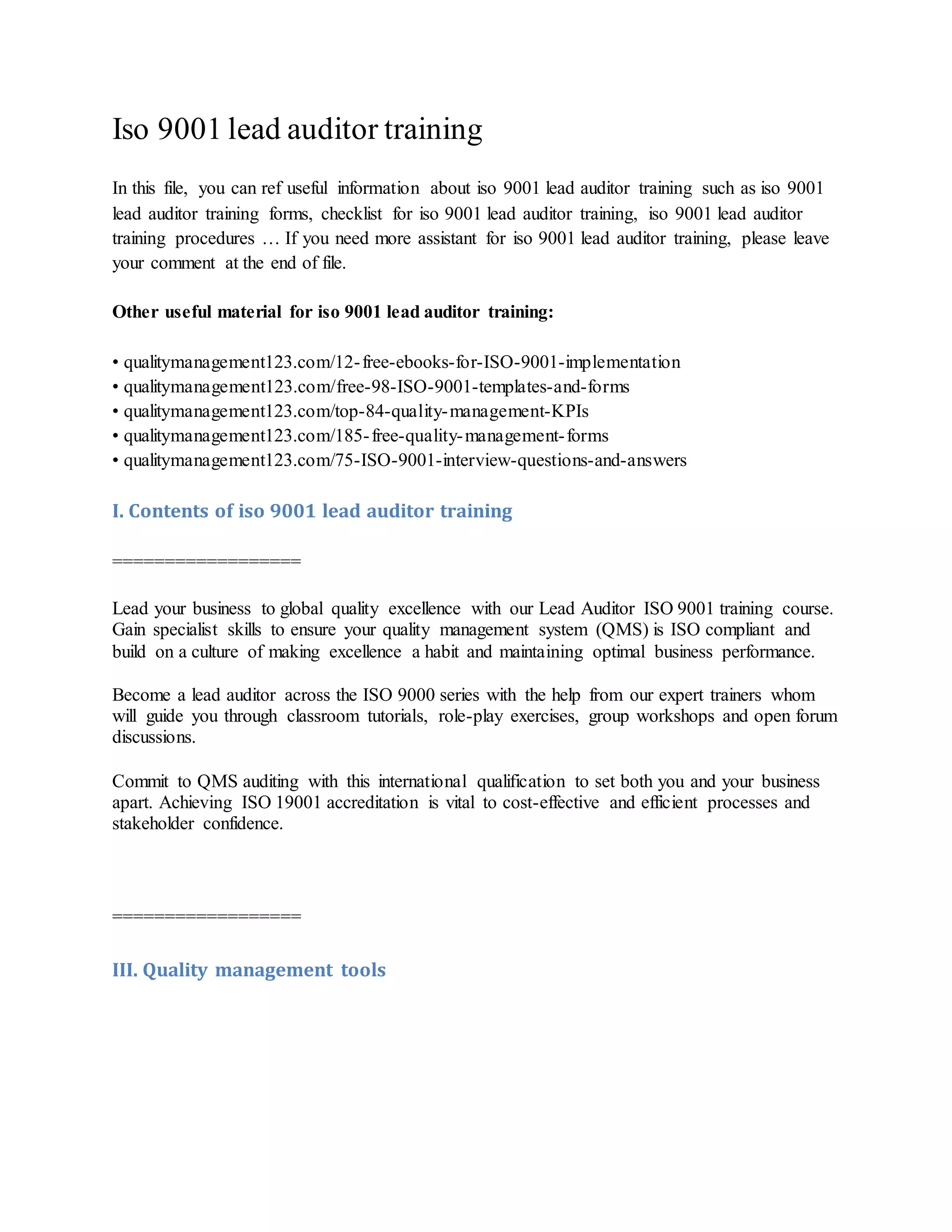 Iso 9001 lead auditor training | DOCX