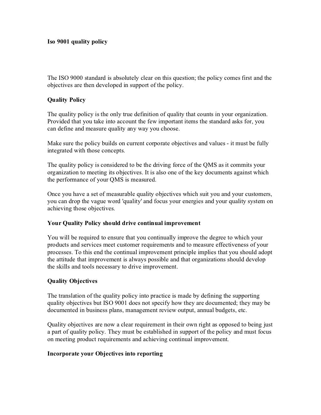 Iso 9001 quality policy