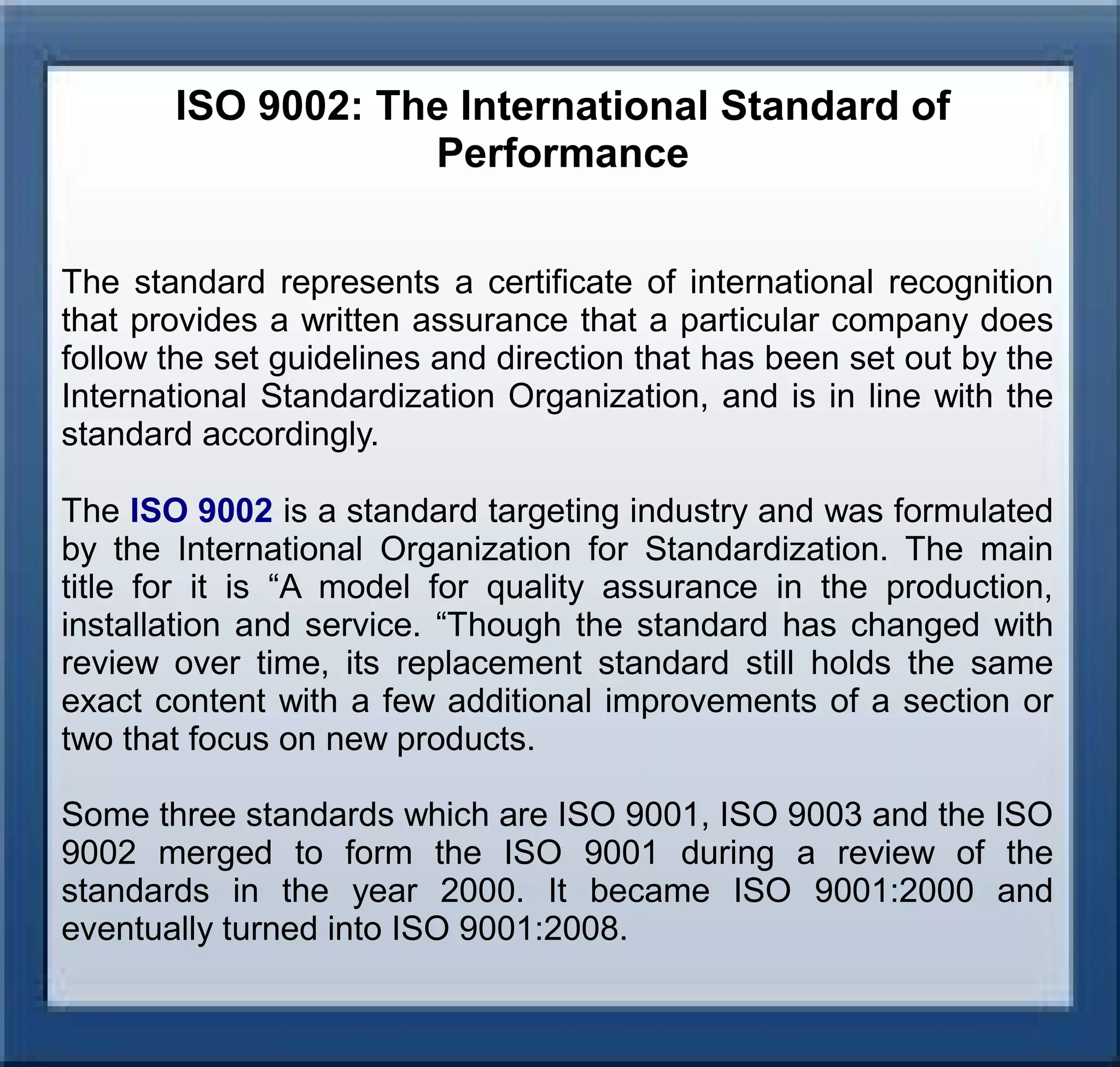 ISO 9002: The International standard of performance | PDF