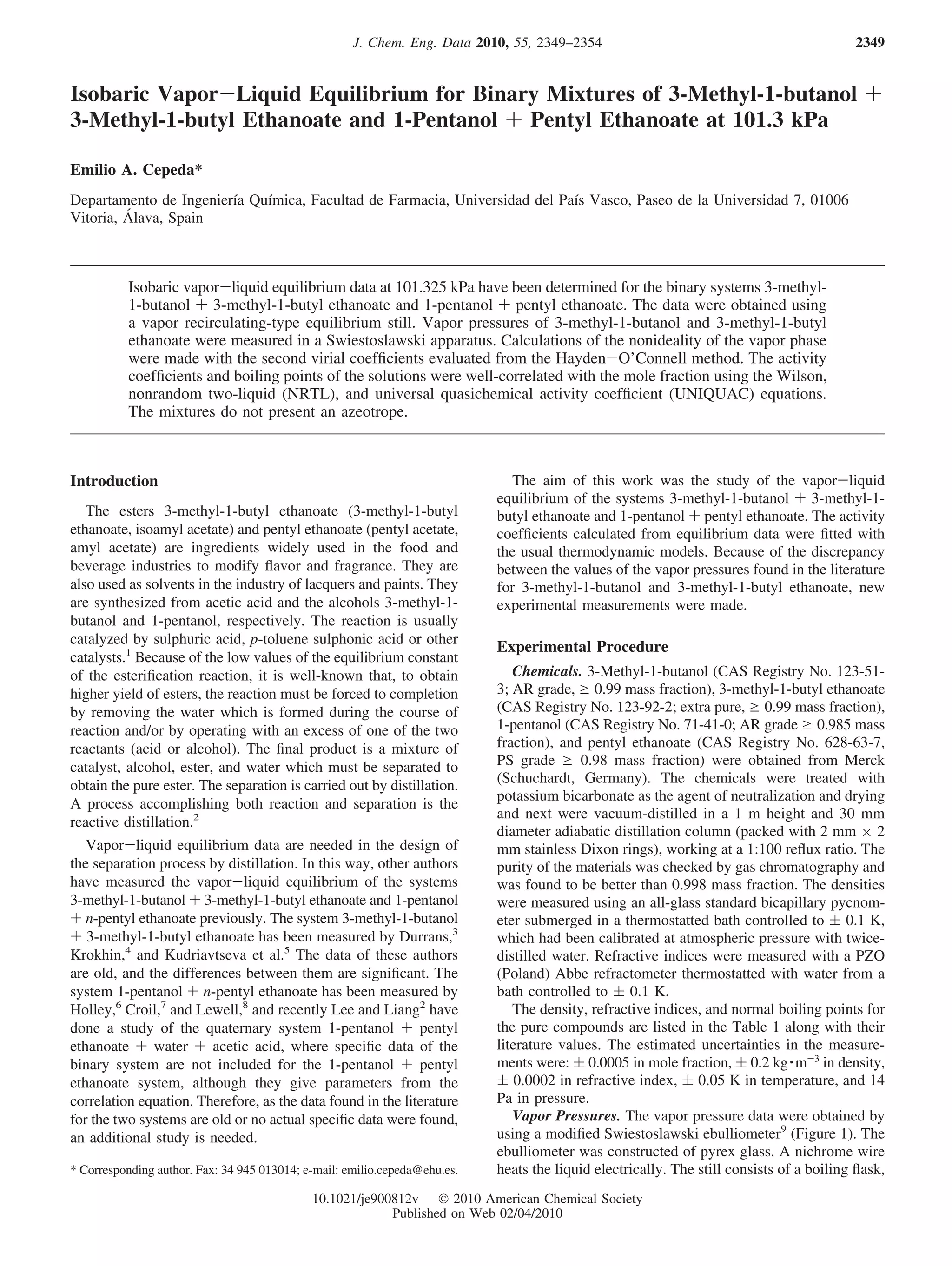 Isobaric Vapor Liquid Equilibrium For Binary Mixtures Of 3 Methyl 1
