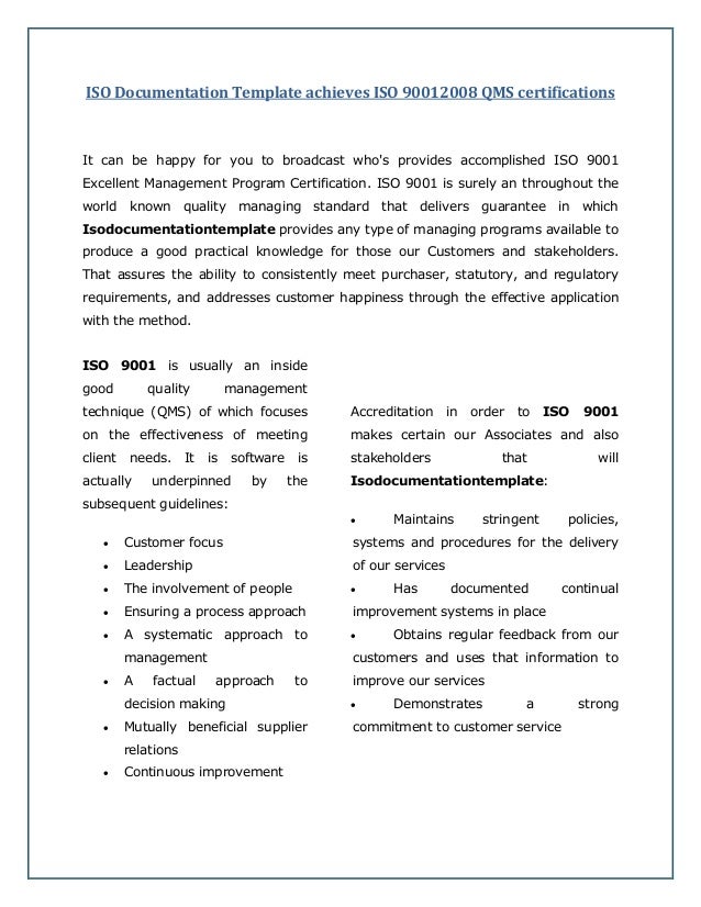 Iso documentation template achieves iso 9001-2008 qms certification