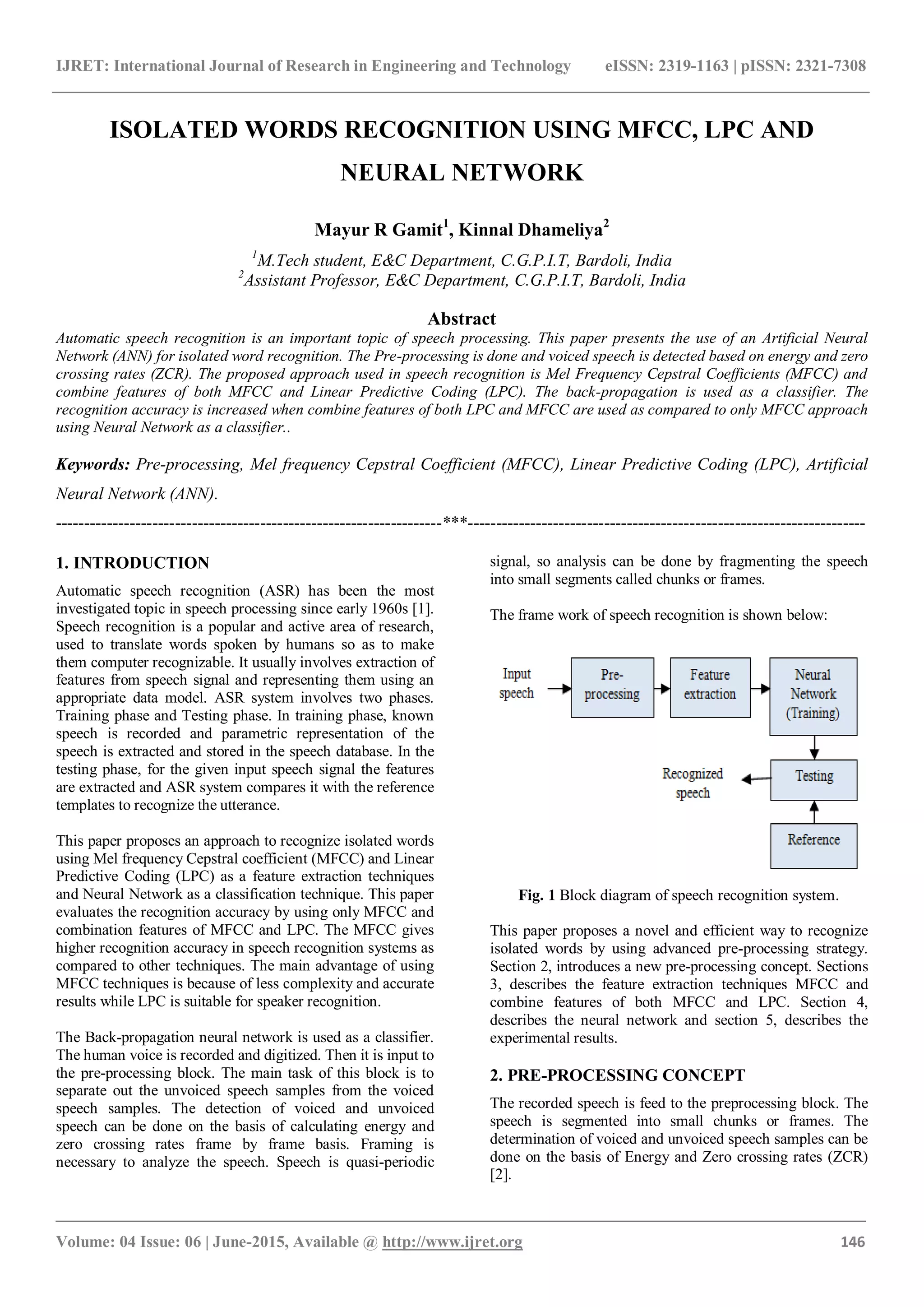Isolated words recognition using mfcc, lpc and neural network | PDF