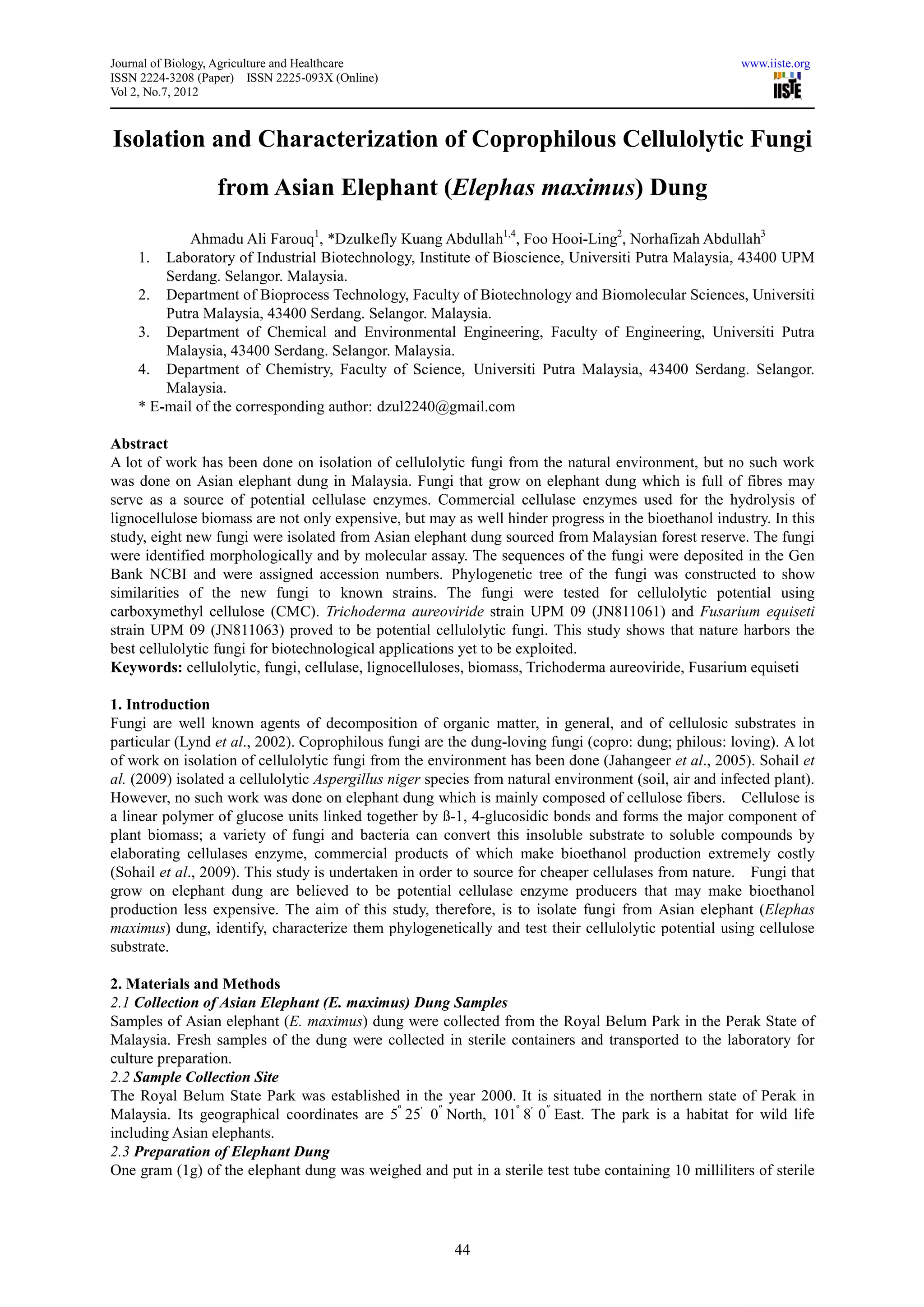 Isolation and characterization of coprophilous cellulolytic fungi from ...