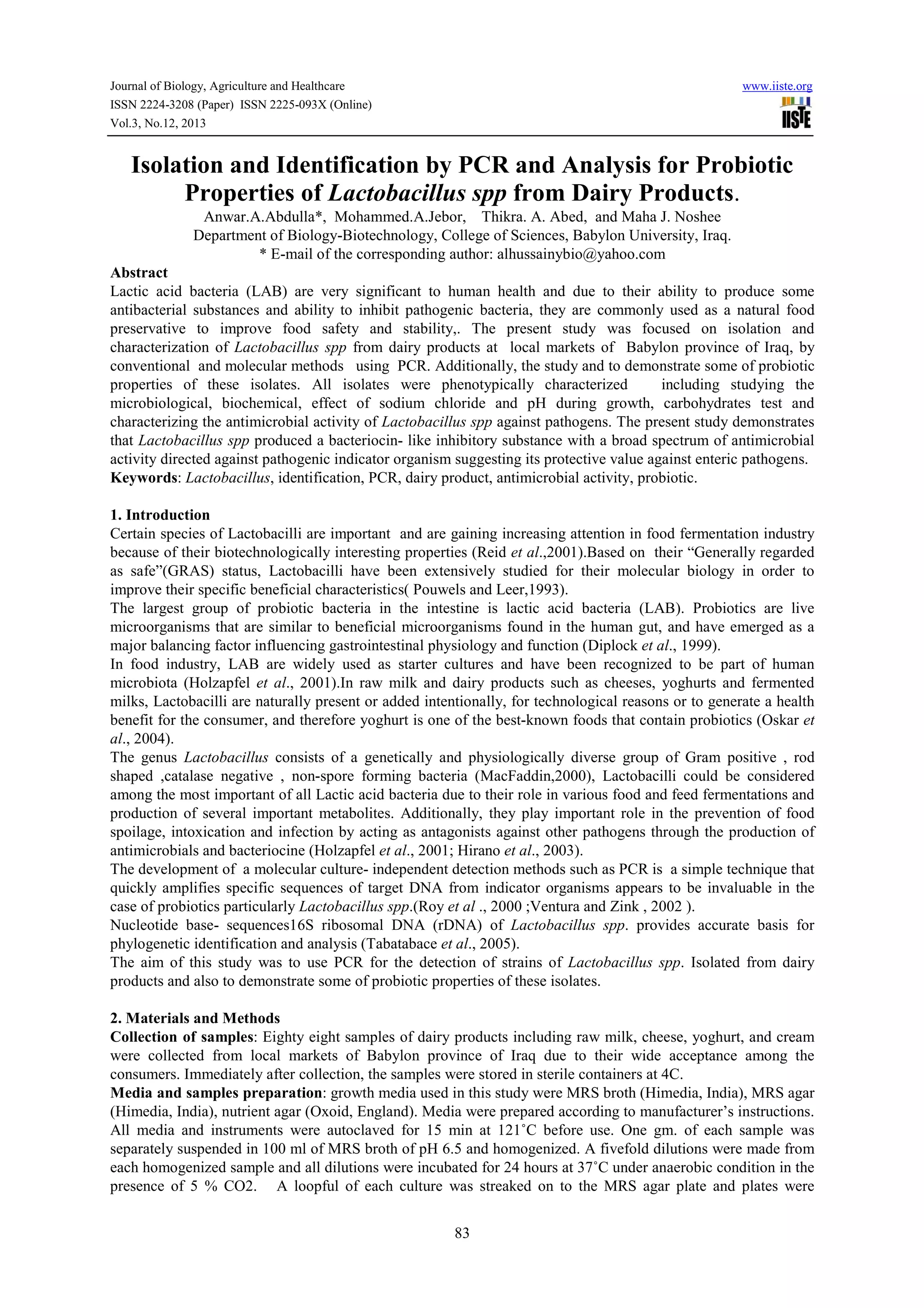 Isolation and identification by pcr and analysis for probiotic | PDF