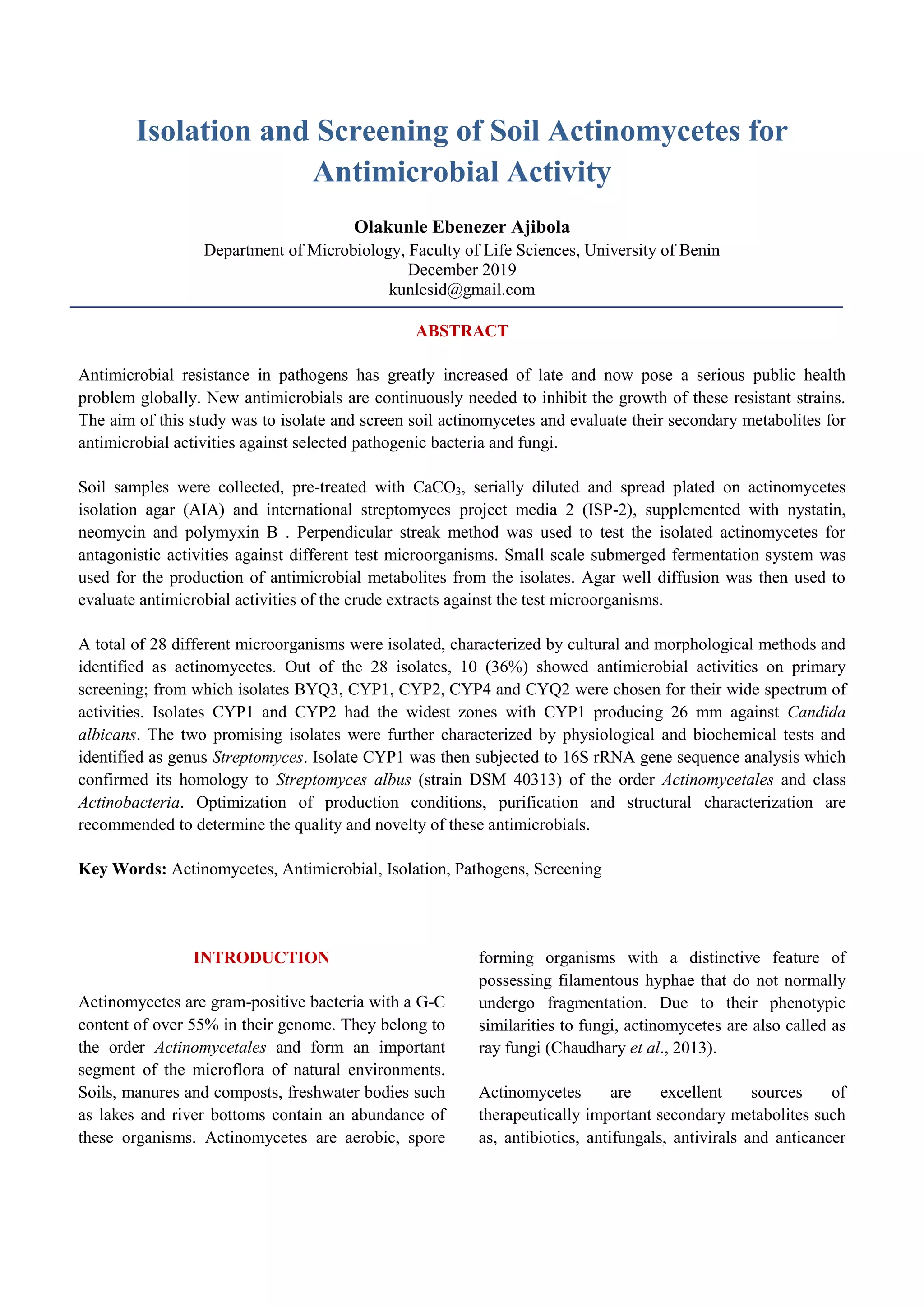 Isolation and Screening of Soil Actinomycetes for Antimicrobial ...