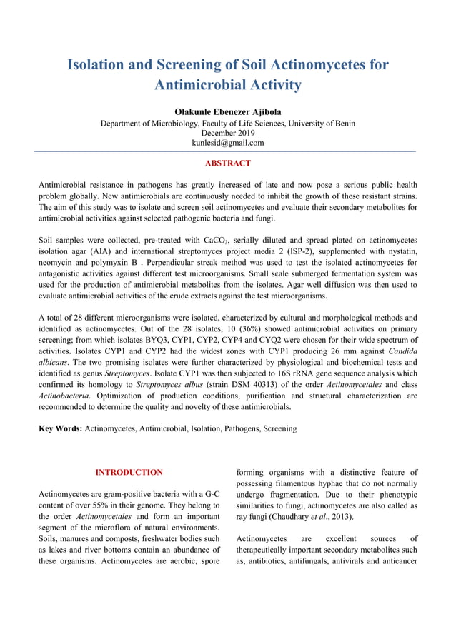 Isolation and Screening of Soil Actinomycetes for Antimicrobial ...