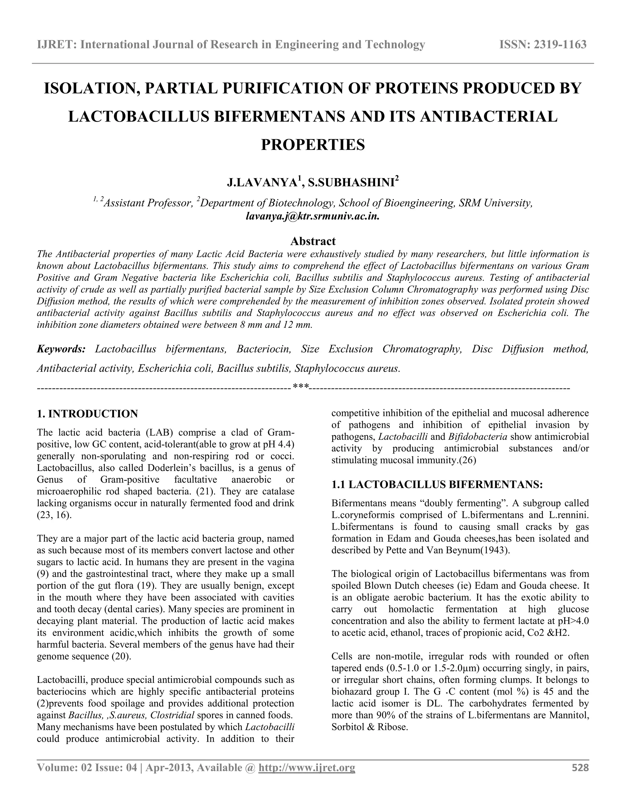 Isolation, partial purification of proteins produced by lactobacillus ...