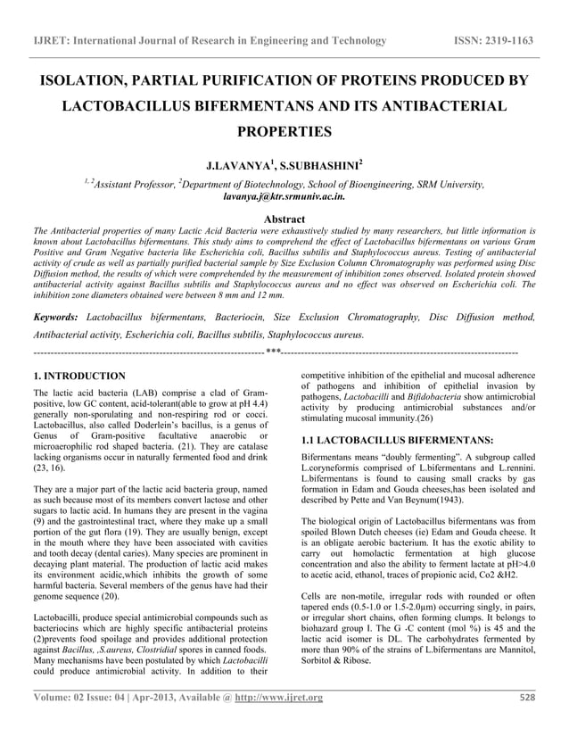 Isolation, partial purification of proteins produced by lactobacillus bifermentans and its ...